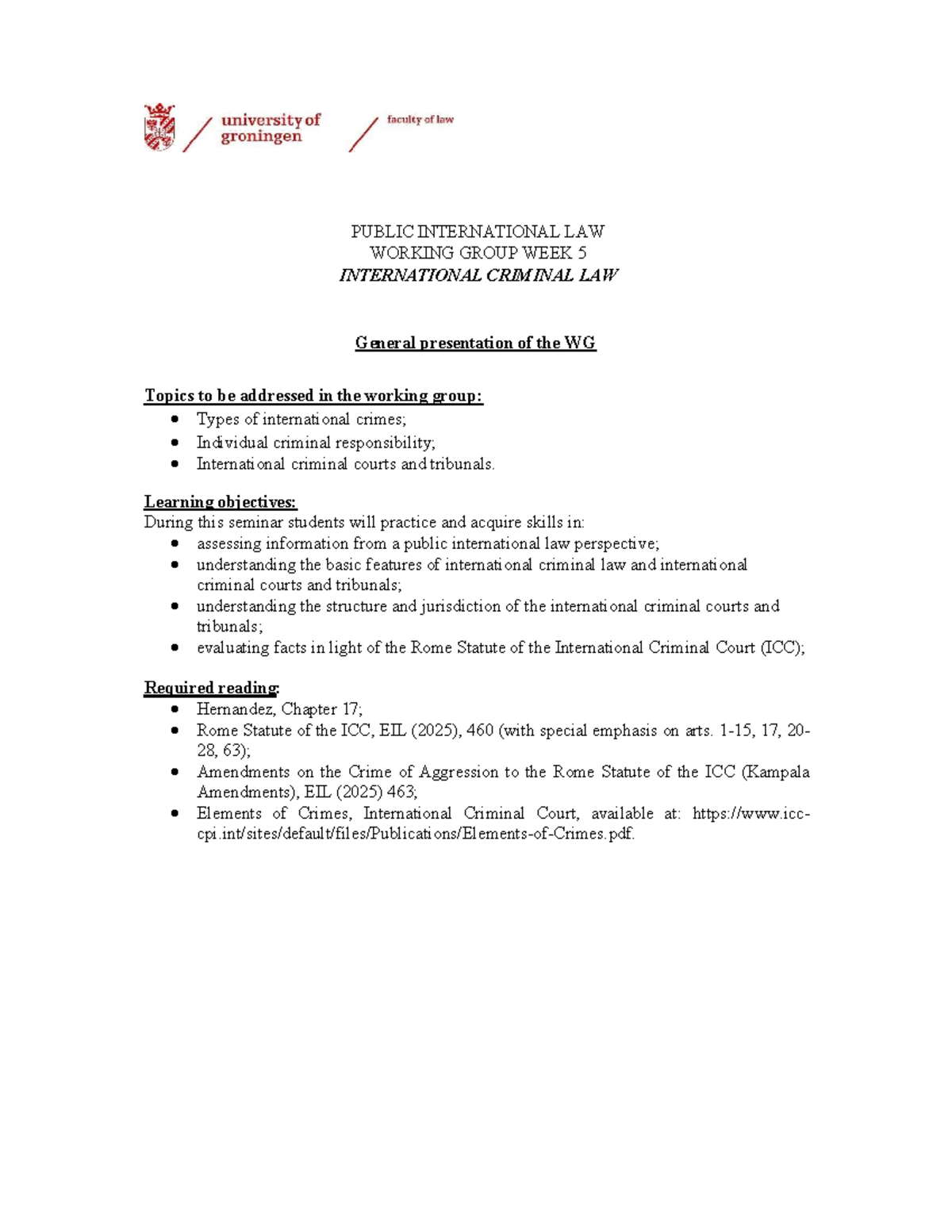 EIL 2025: Week 5 Worksheet on International Criminal Law - Studeersnel