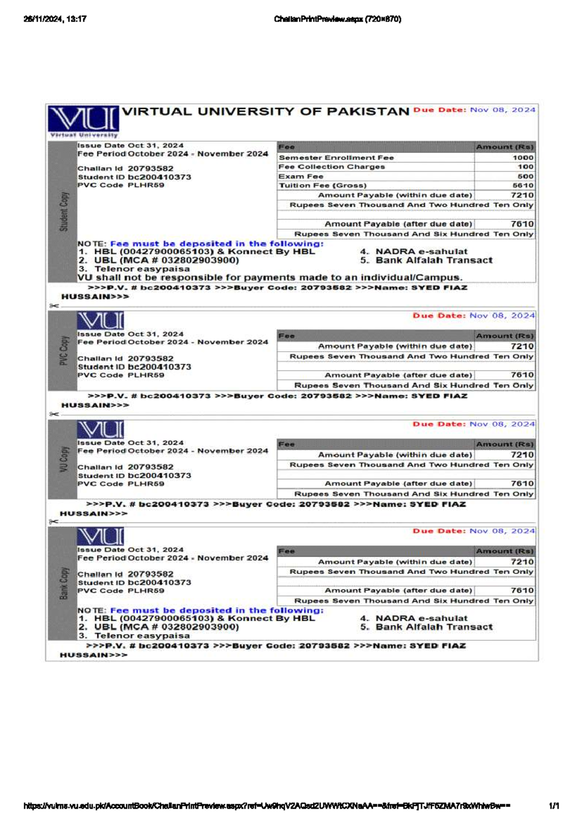 VU Fee Challan for Semester Enrollment (Due Nov 08, 2024) - Studocu