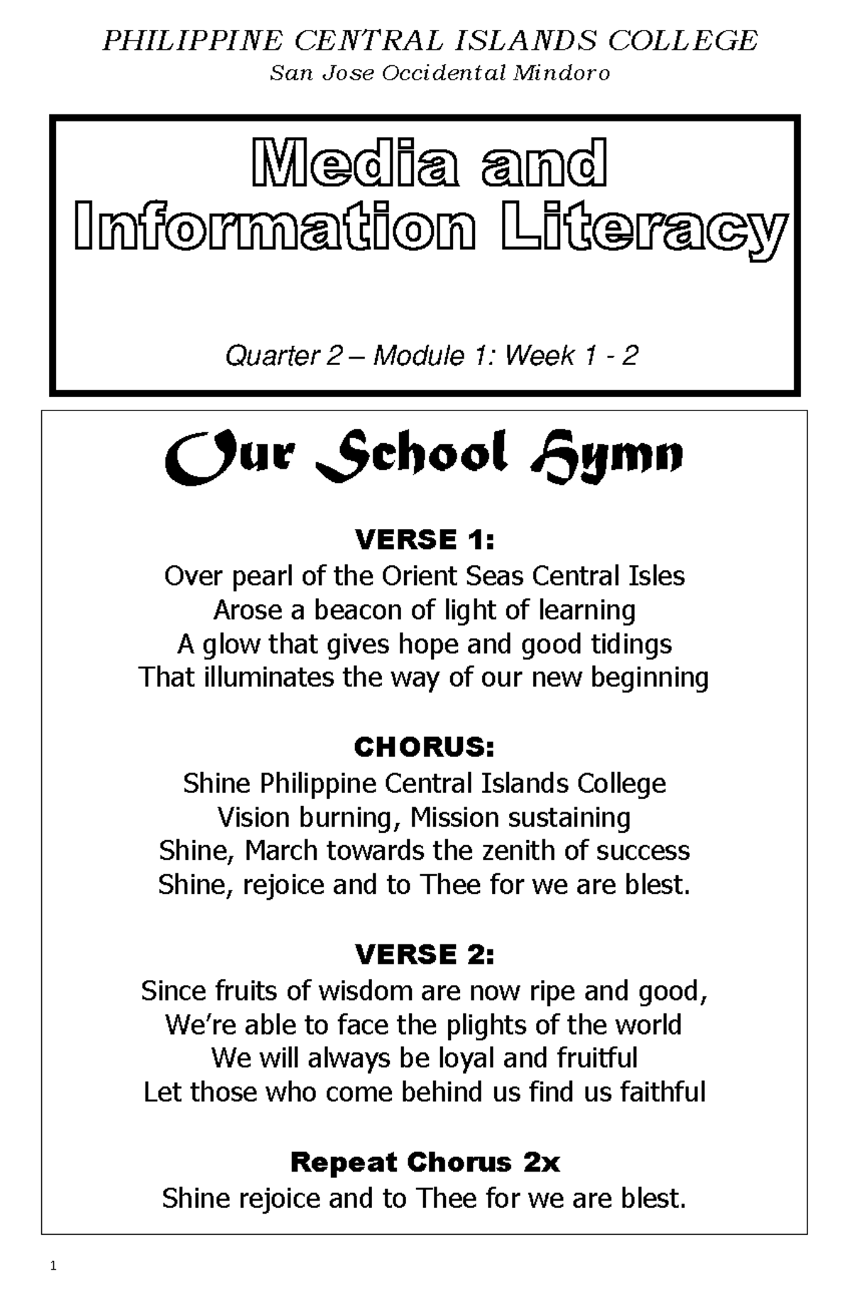 MIL Q2 module 1 - MIL - PHILIPPINE CENTRAL ISLANDS COLLEGE San Jose Occi dent al Mi ndor o ...