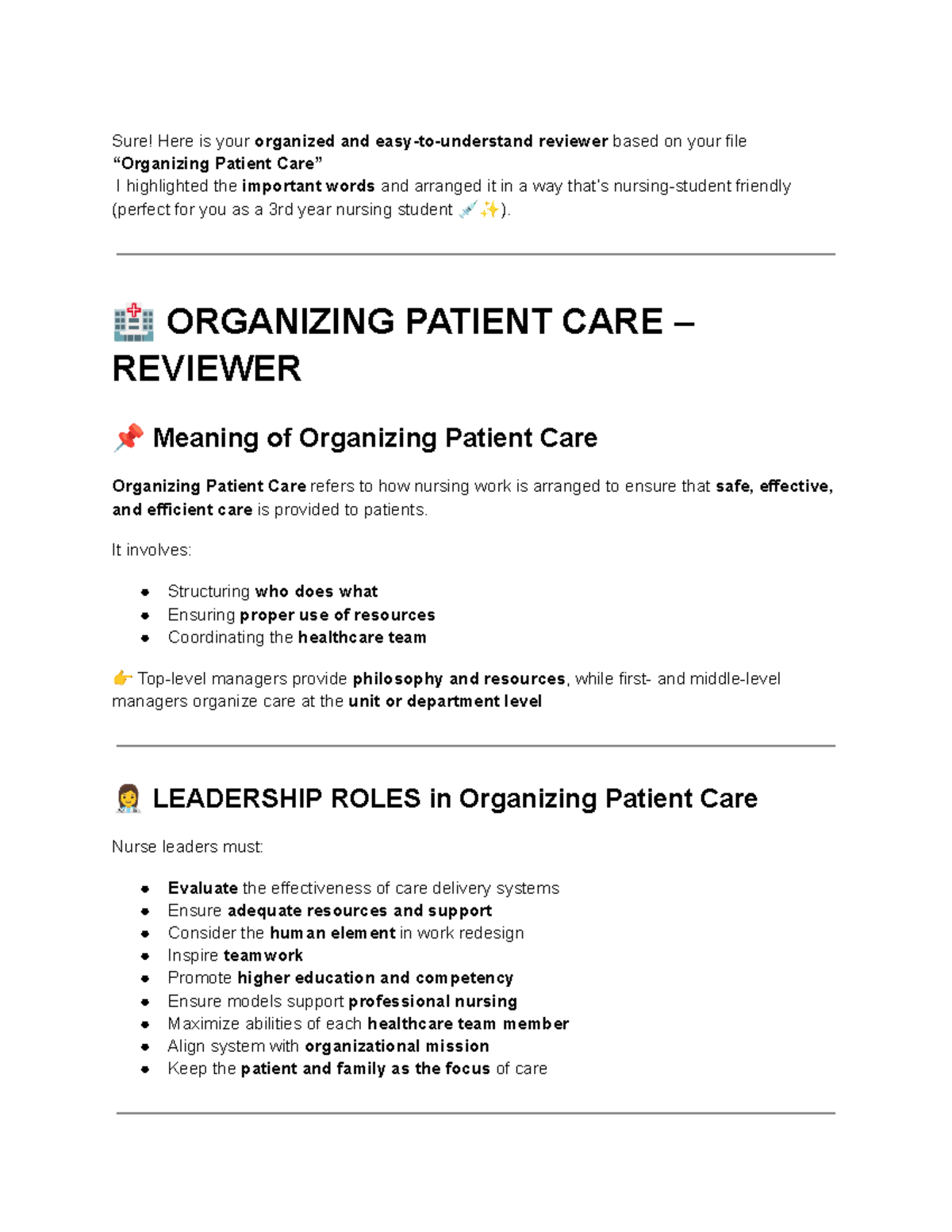 Organizing Patient Care: Leadership Roles & Management Functions (NURS ...