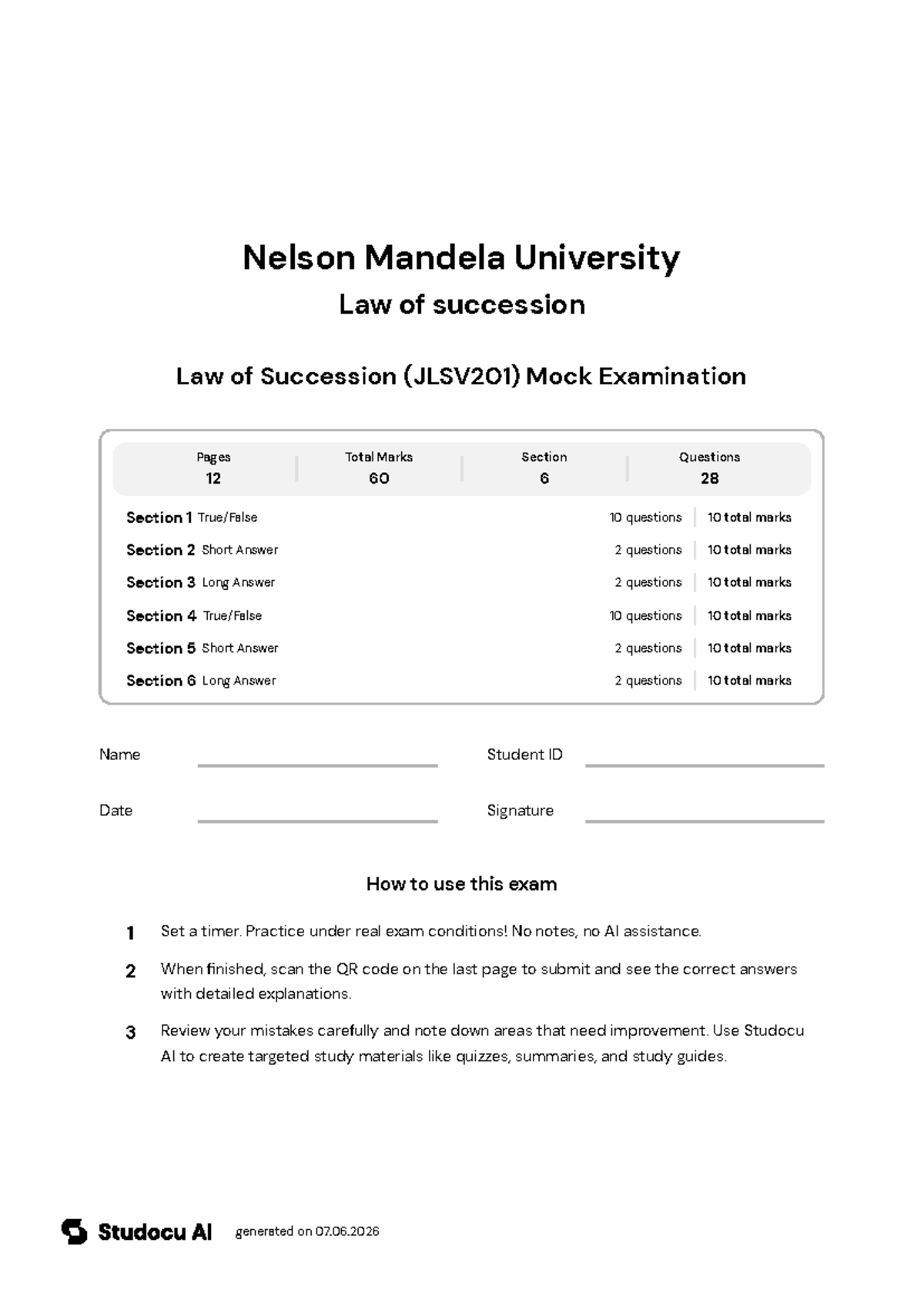 Law of Succession (JLSV201) Mock Exam - Studocu