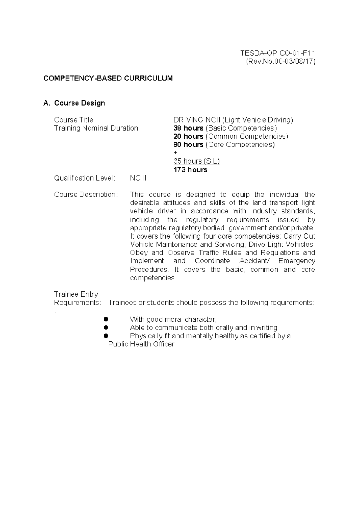 Driving NC II Competency-Based Curriculum and Training Overview - Studocu
