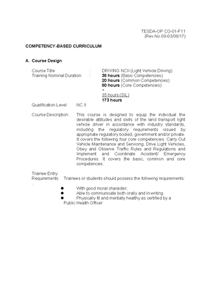 TR - Driving NC II - TRAINING REGULATIONS AUTOMOTIVE AND LAND TRANSPORT ...