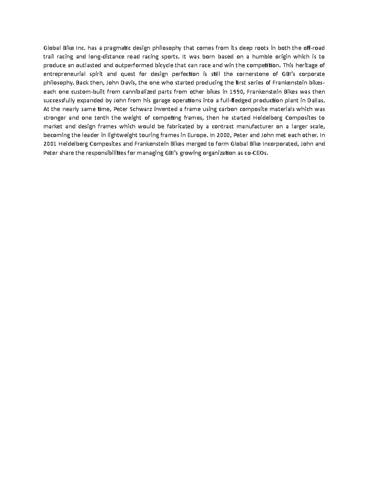 Global Bike Inc - MIS Case Study: Design and Corporate Evolution - Studocu
