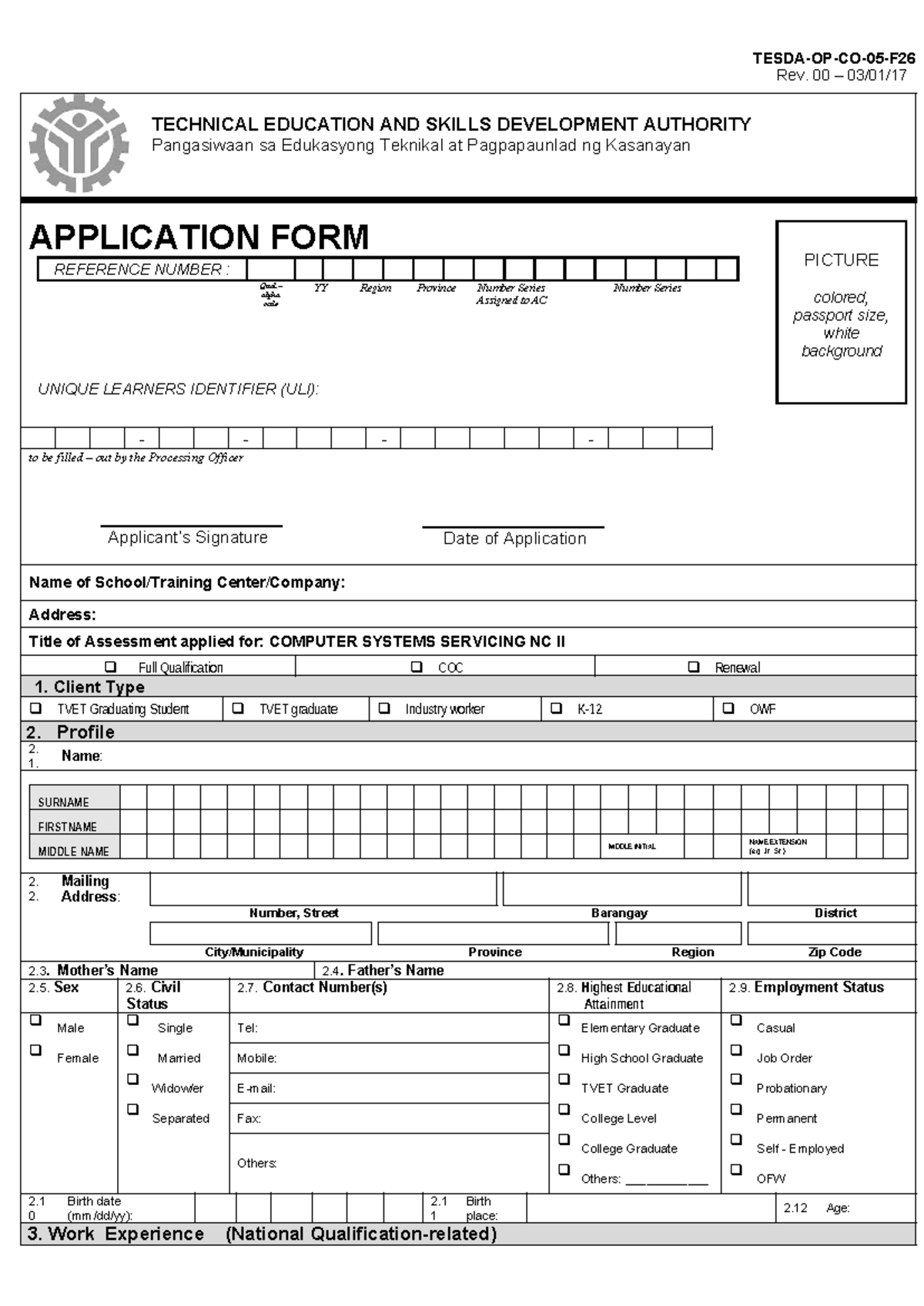 Application Form for Computer Systems Servicing NC II - CSS Pretest ...