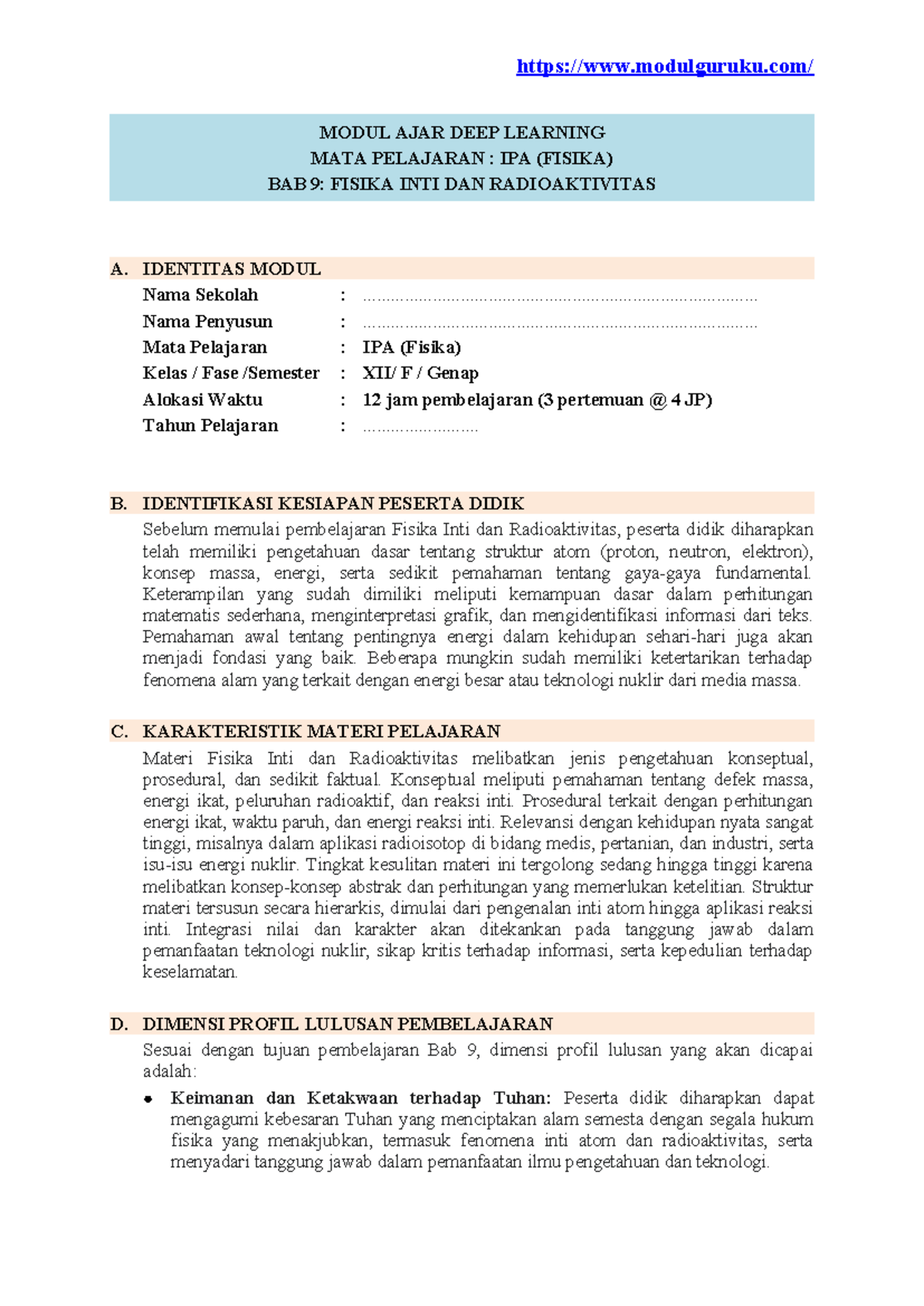 Modul Ajar Fisika Bab 9: Fisika Inti dan Radioaktivitas (IPA) - Studocu