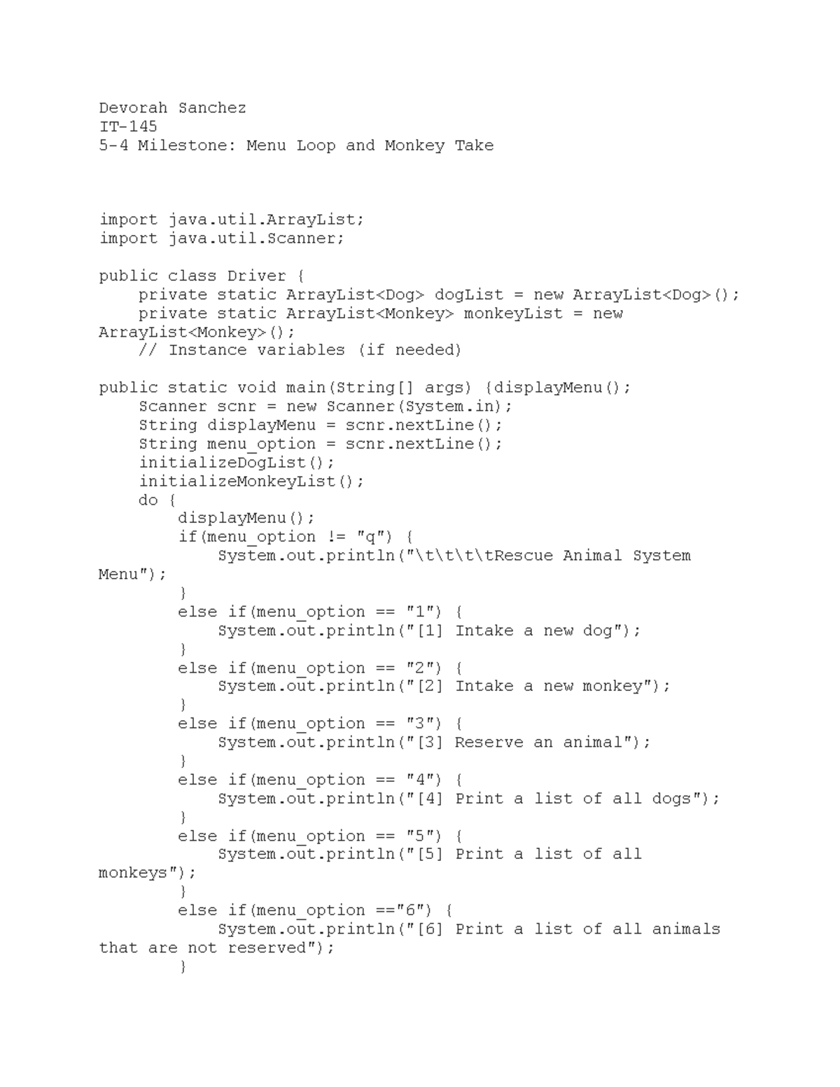 IT-145 5-4 Milestone: Animal Rescue System Menu Loop Implementation - Studocu
