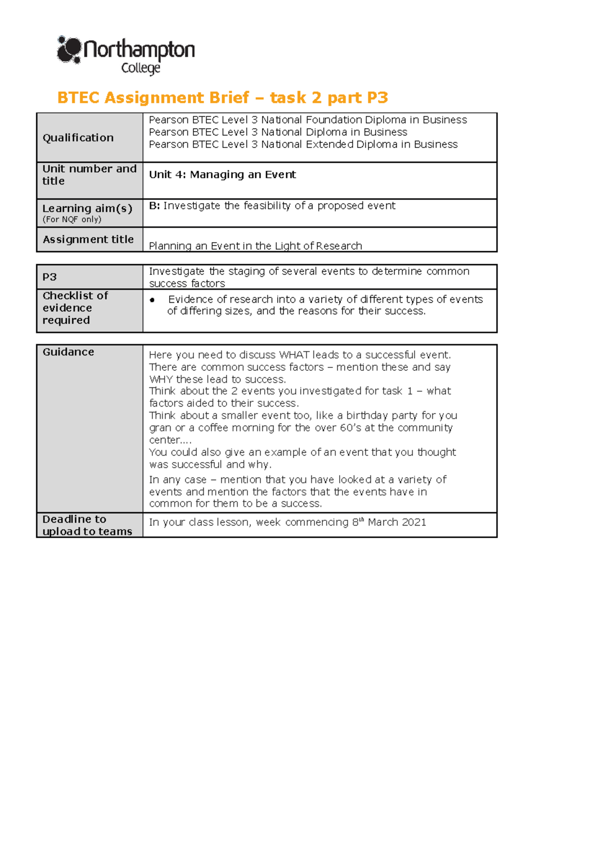 BTEC Level 3 Unit 4 Task 2: Planning & Researching Event Success ...