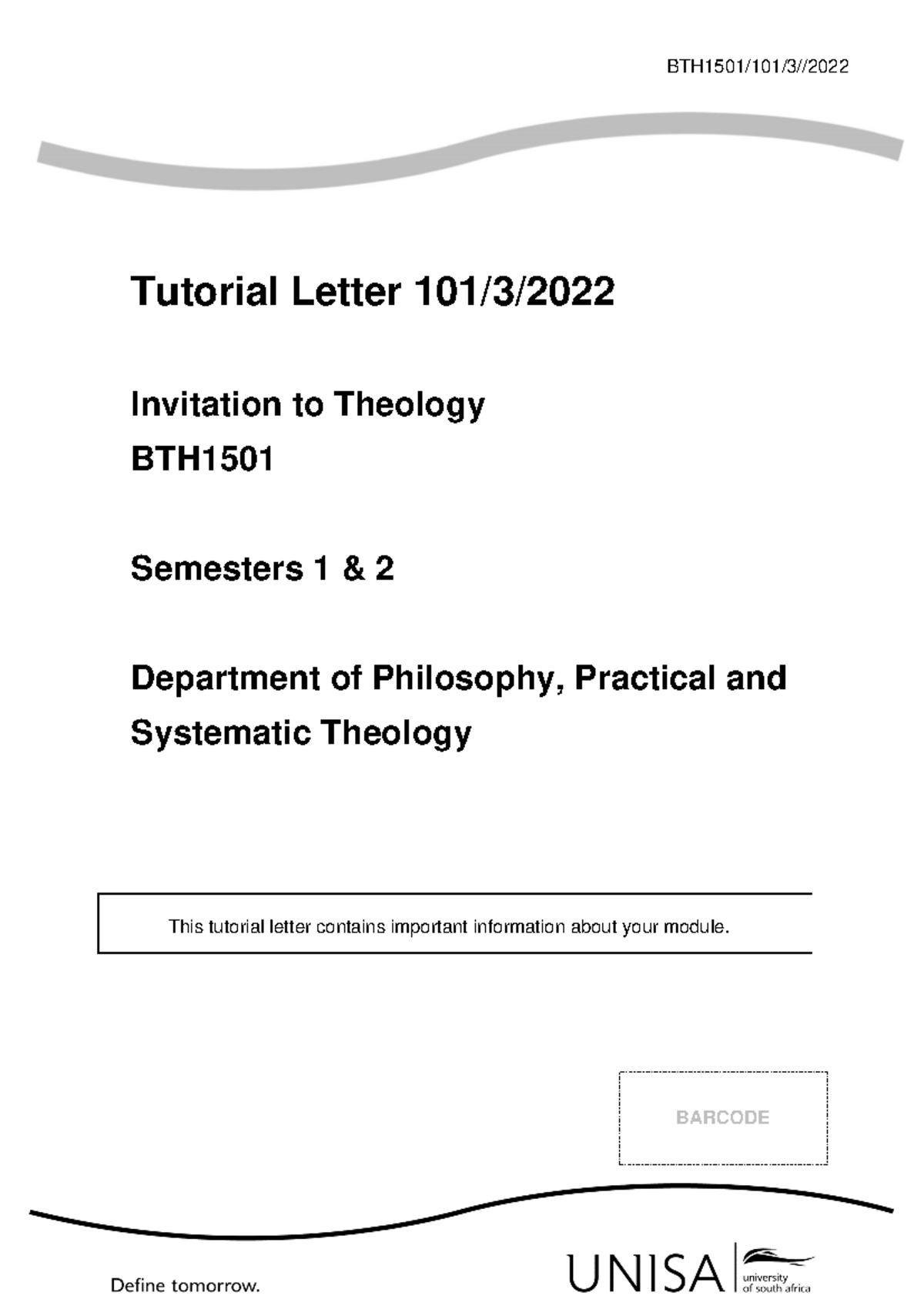 BTH1501 - Tutorial Letter 101/3: Introduction to Theology & Support ...
