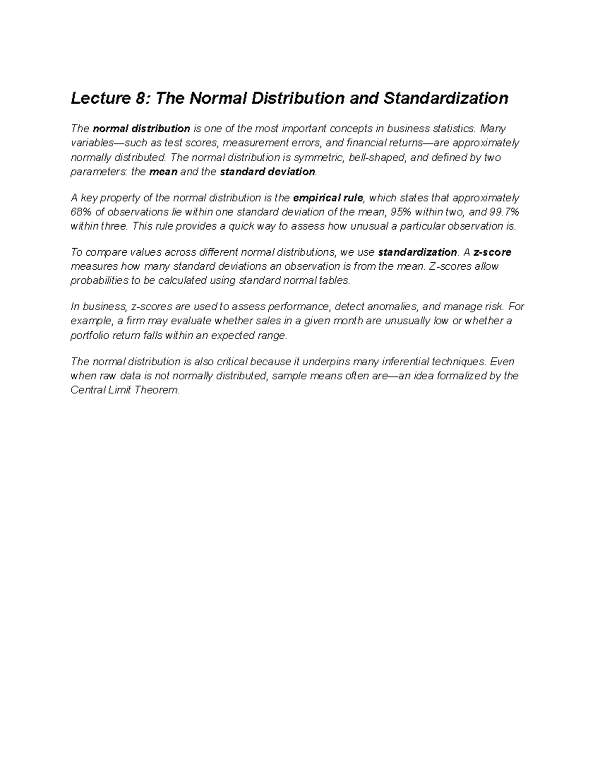 Lecture 8: Understanding the Normal Distribution in Business Statistics - Studocu