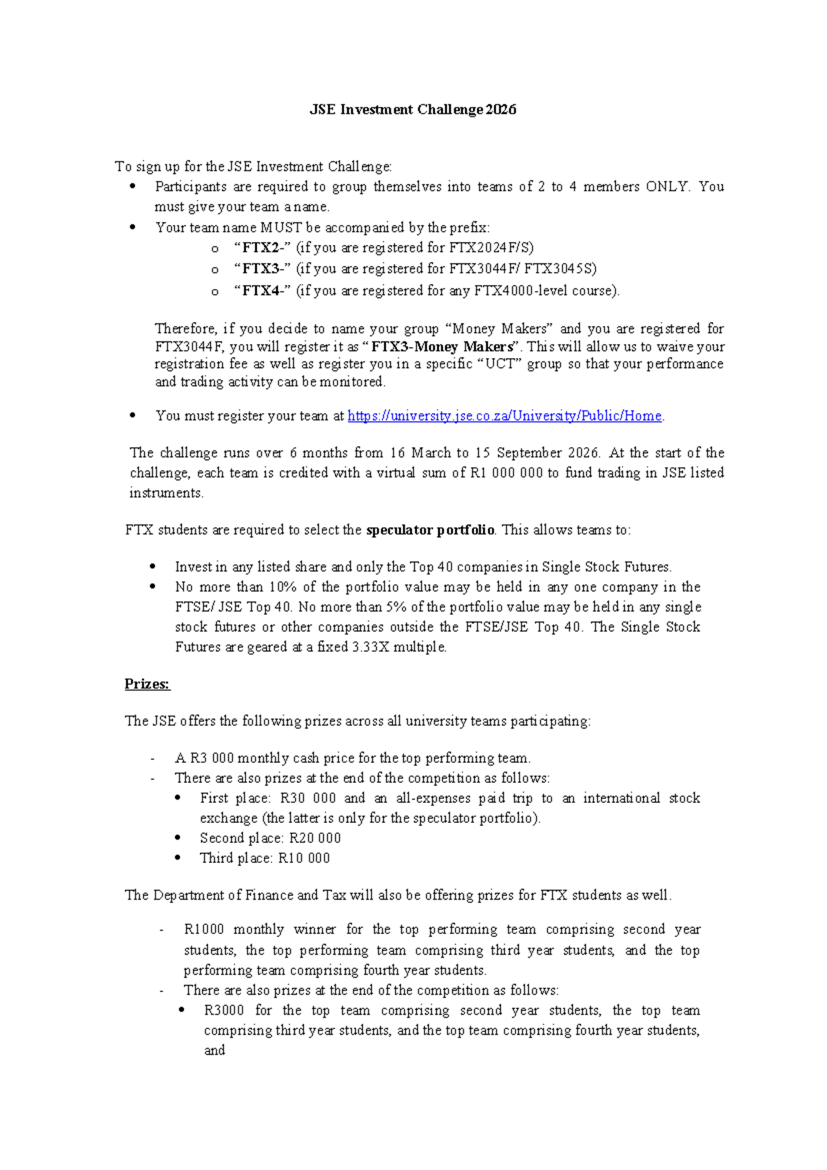 JSE Investment Challenge 2026: Team Registration & Prizes - Studocu