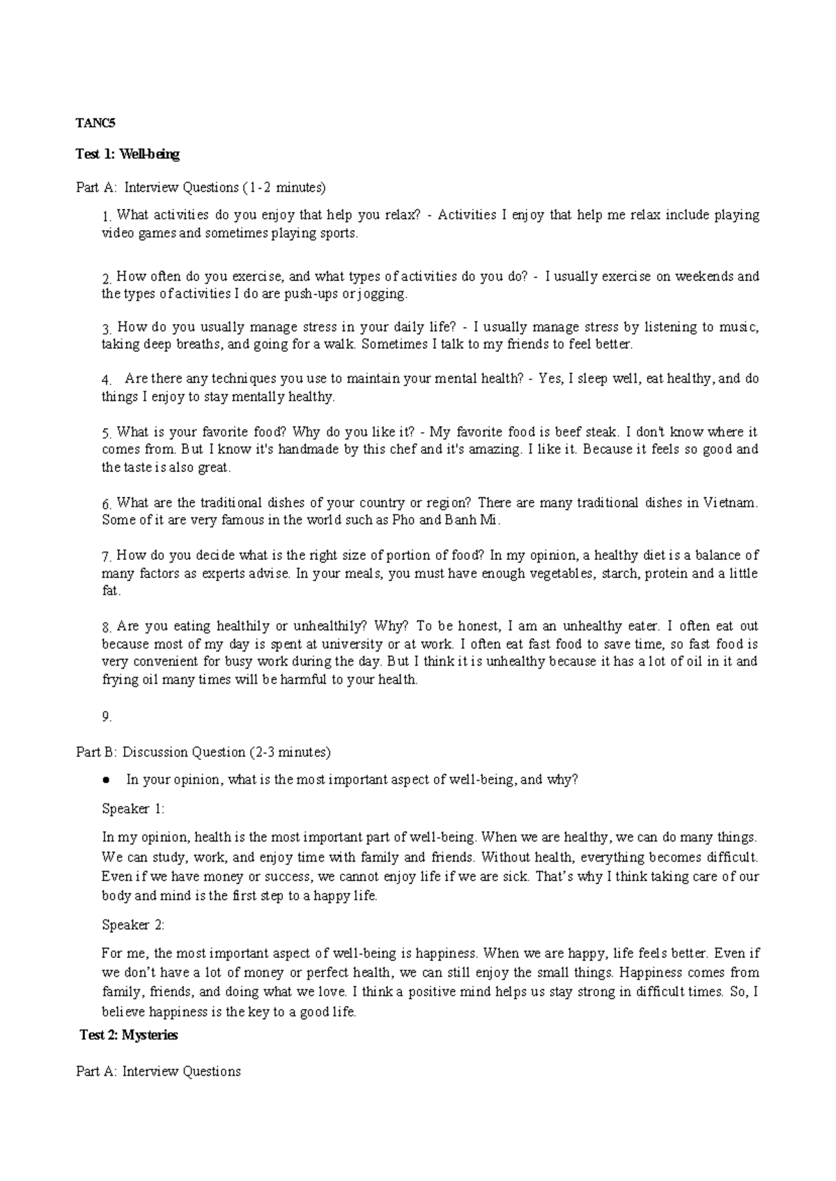 TANC5 Speaking Test: Interview Questions & Discussions - Studocu