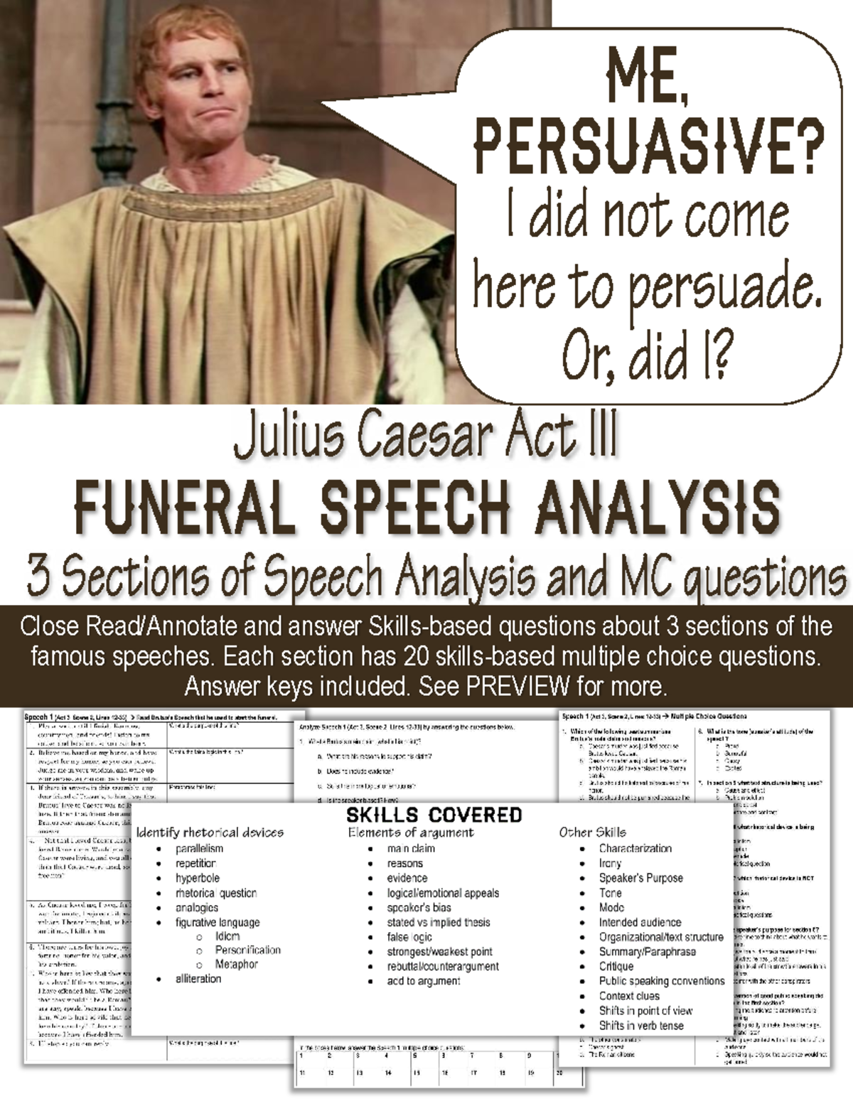 Julius Caesar Funeral Speeches: Close Reading & Skills Qs Analysis ...