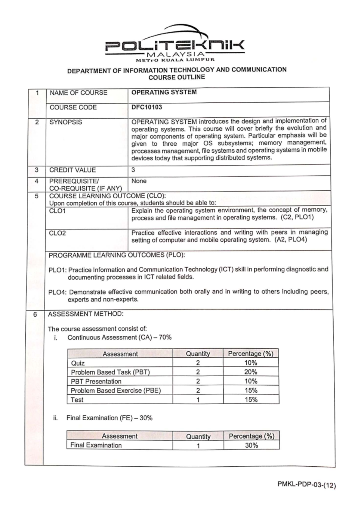 DFC10103 - Course Outline for Operating Systems at POLIMAS - Studocu