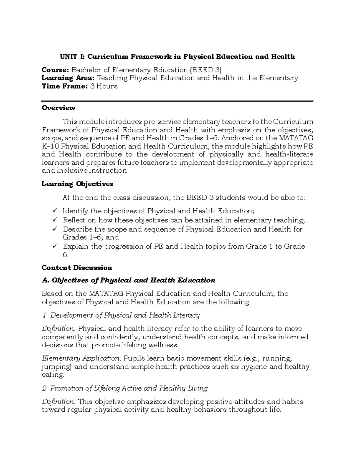 BEED 3: Unit I - Curriculum Framework in PE & Health Education - Studocu