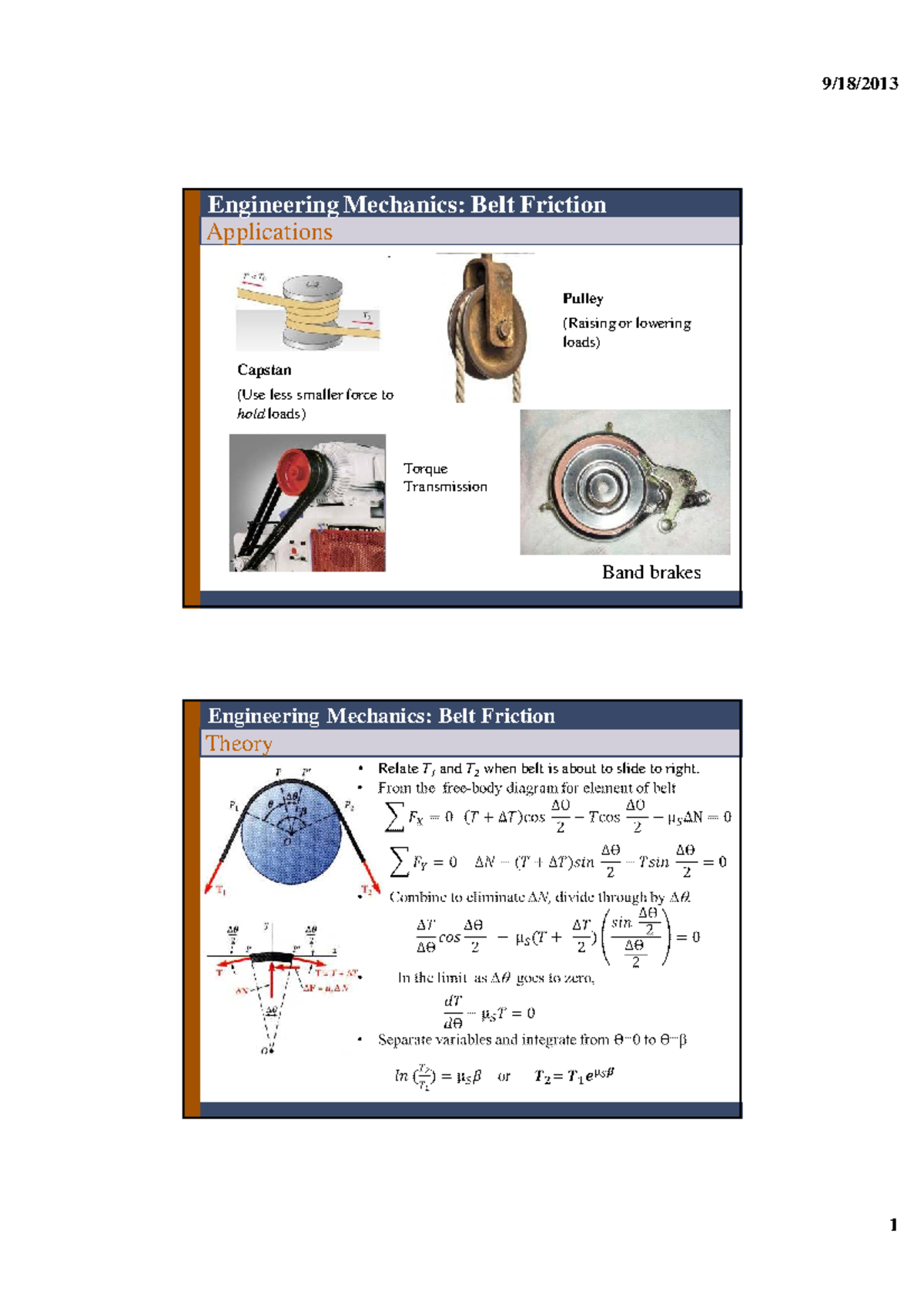Engineering Mechanics: Belt Friction Applications & Theory - Studocu