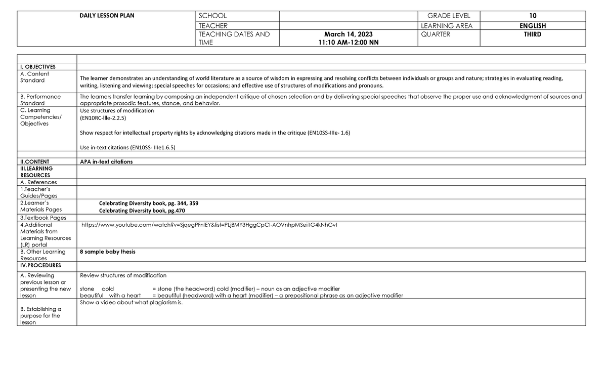 DLP-2023: Sample Lesson Plan for English 10 - Teaching In-Text ...