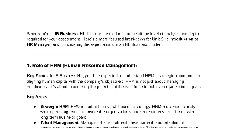 IB Business HL: Unit 2.1 HR Management Overview and Strategies - Studocu