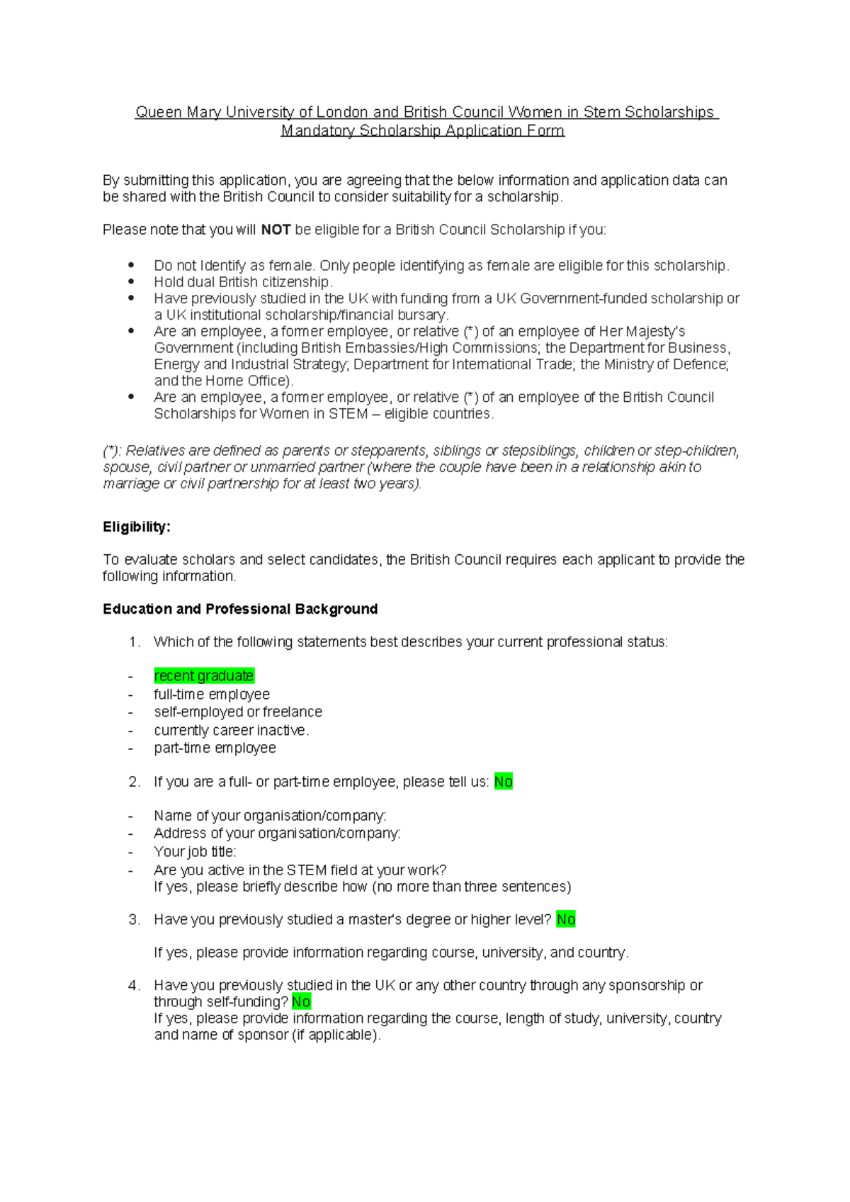 WIS 2024-25 Mandatory Application Form for QMUL Scholarships - Studocu