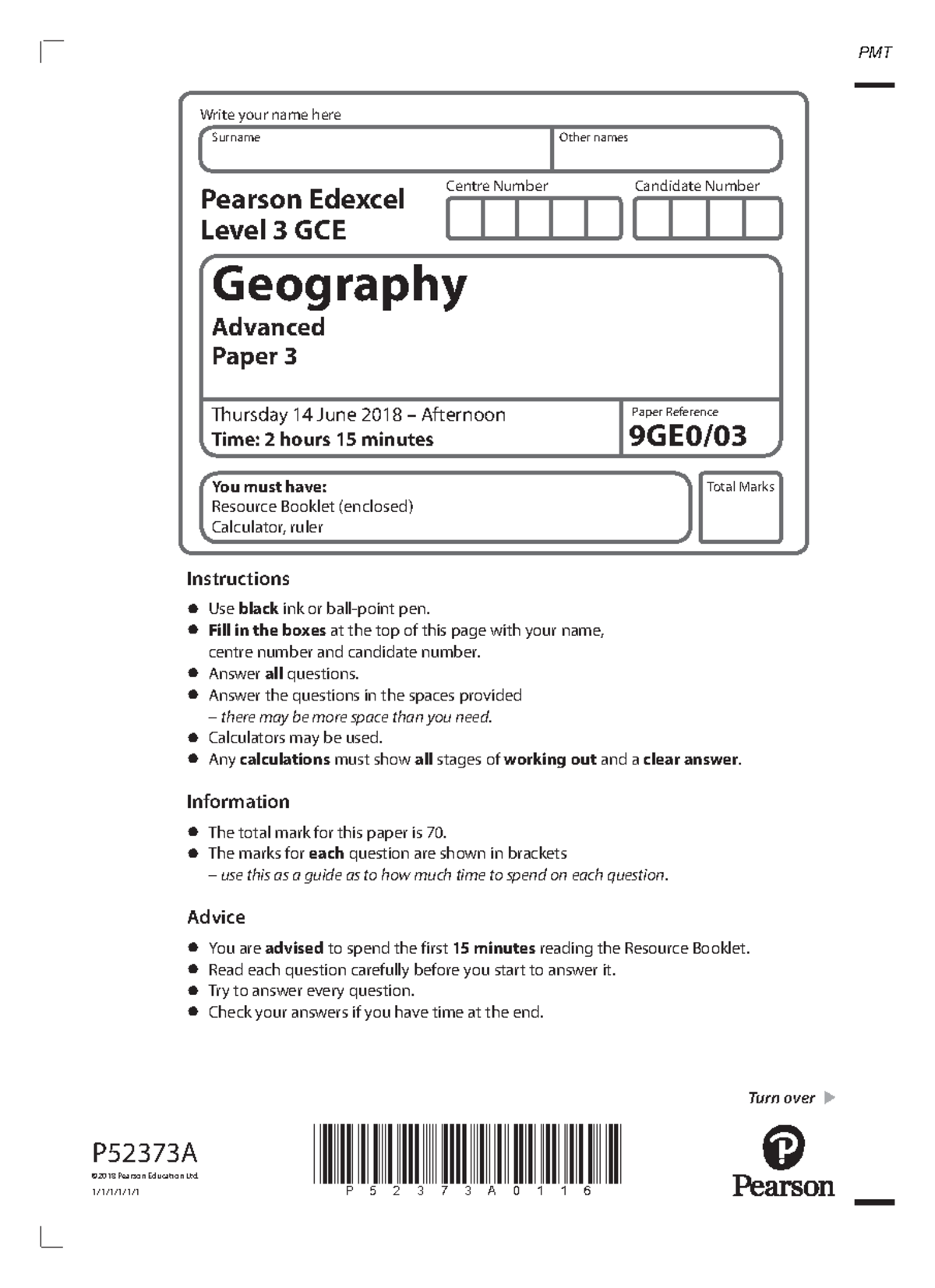 June 2018 Edexcel Geography A-Level Paper 3 Question Paper - Studocu