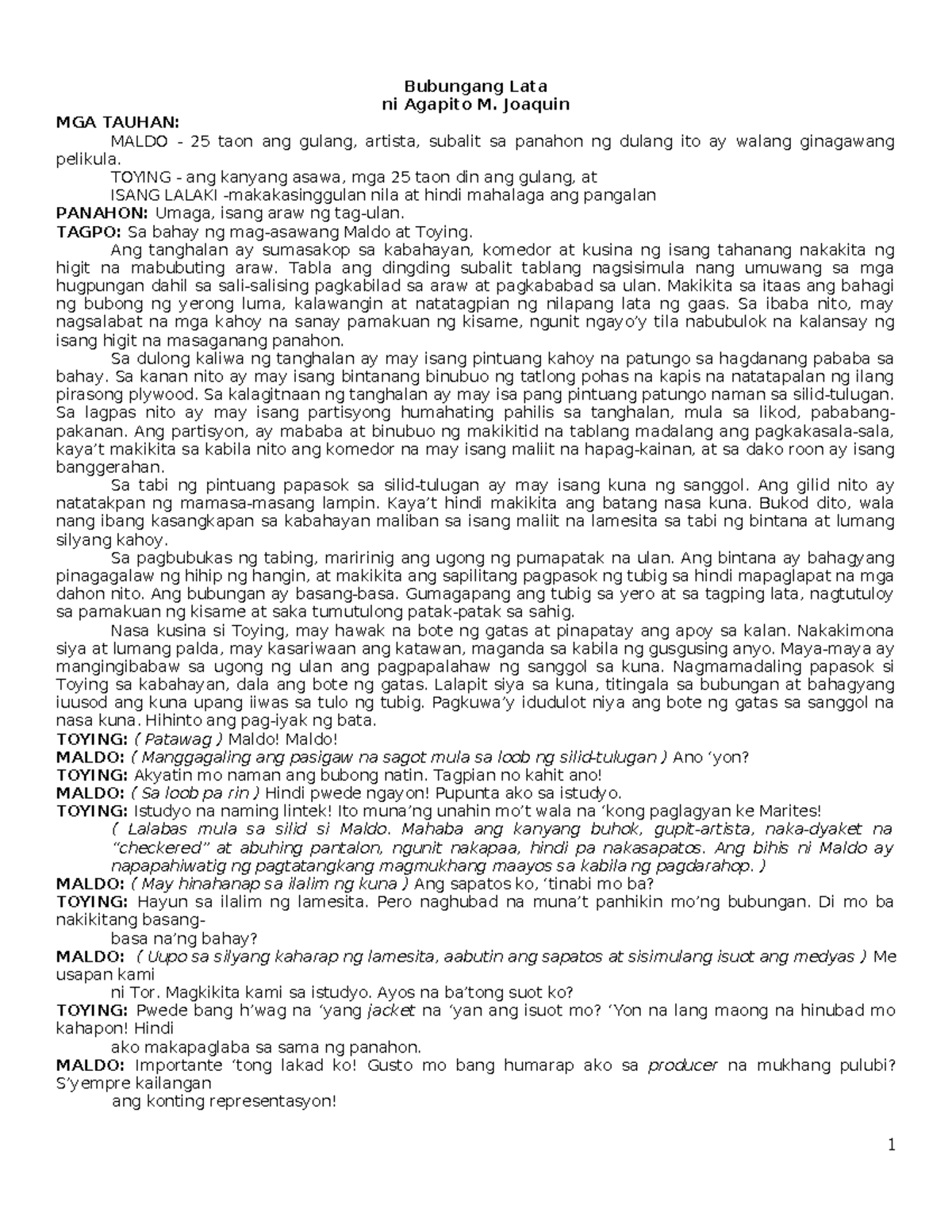 Bubungang Lata ni Agapito M: Isang Pagsusuri ng mga Tauhan at Tagpuan ...