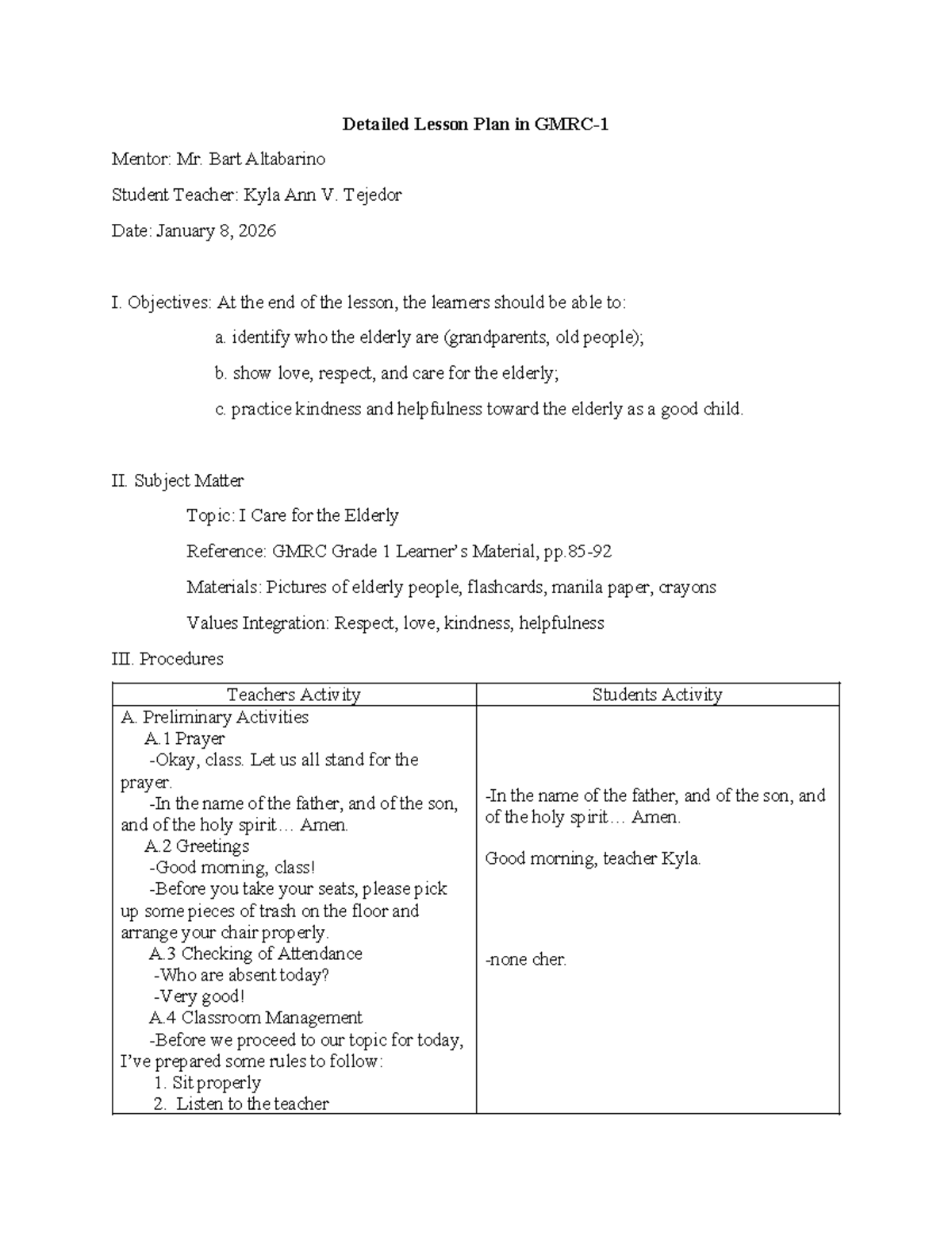 Detailed Lesson Plan: I Care for the Elderly in GMRC-1 (01-08-26) - Studocu