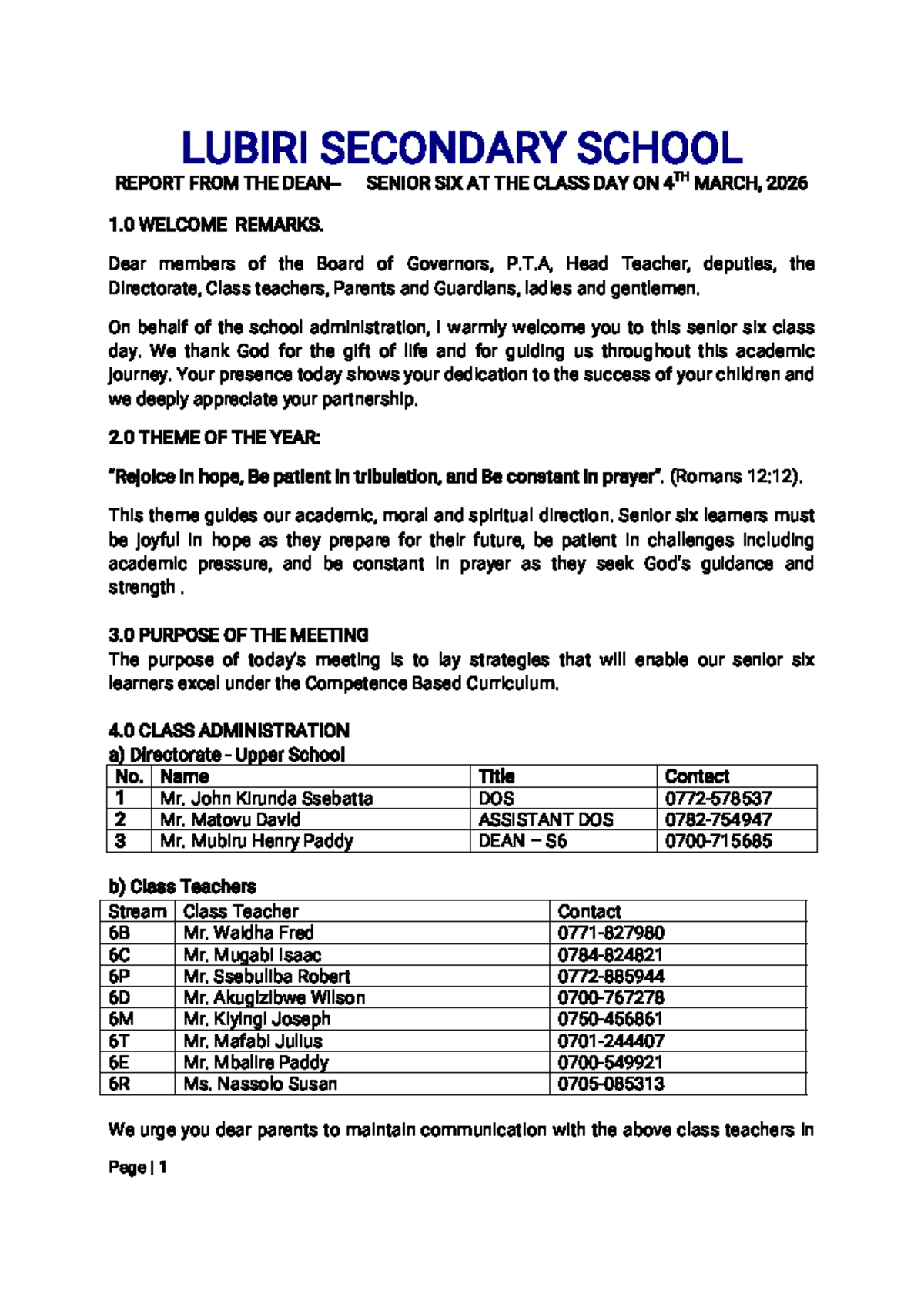 Senior Six Class Day Report - LUBIRI SCHOOL, 4th March 2026 - Studocu