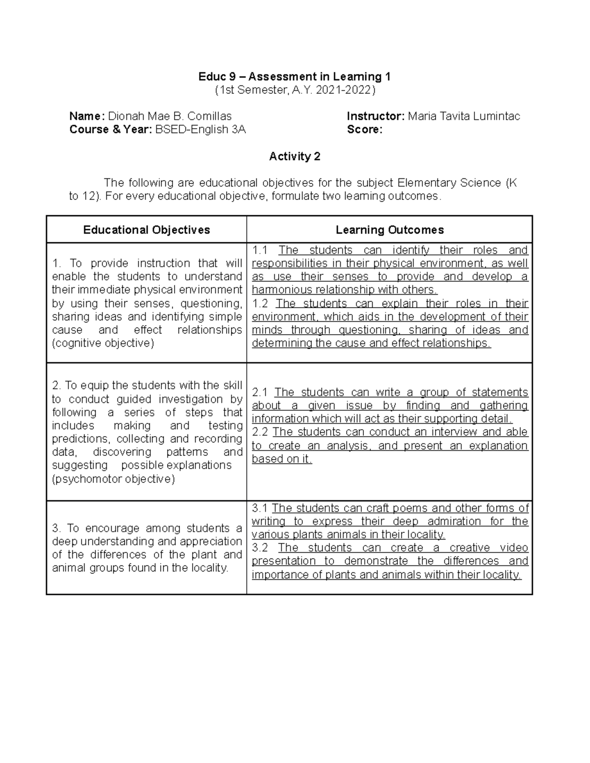 Educational Objective - Activity 2 - Educ 9 – Assessment in Learning 1 (1st Semester, A. 2021 ...