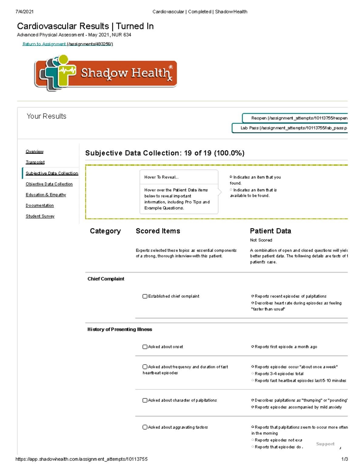 Cardiovascular Completed Shadow Health - Cardiovascular Results ...