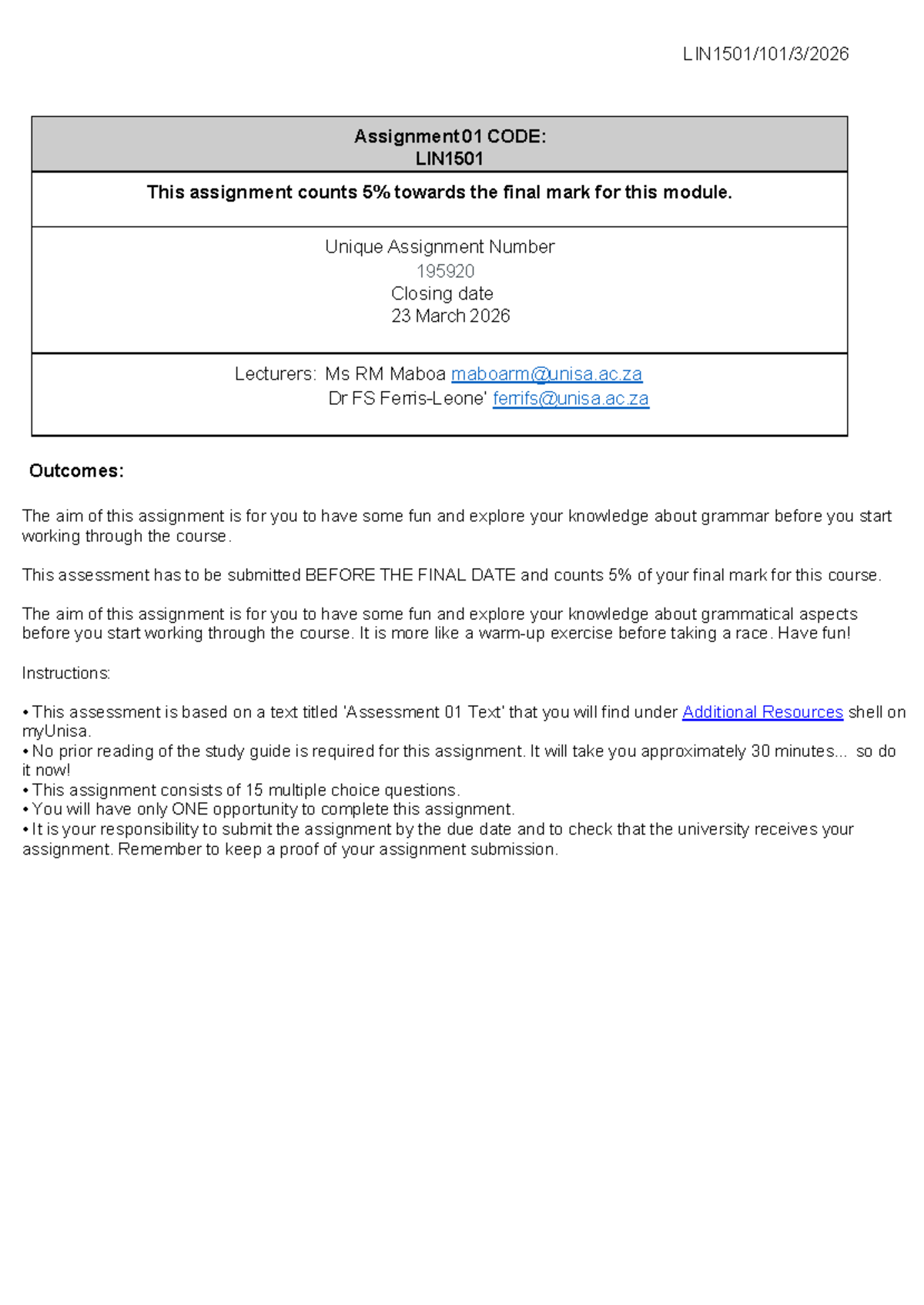 LIN1501 Assignment 01: Grammar Exploration for Final Mark - Studocu