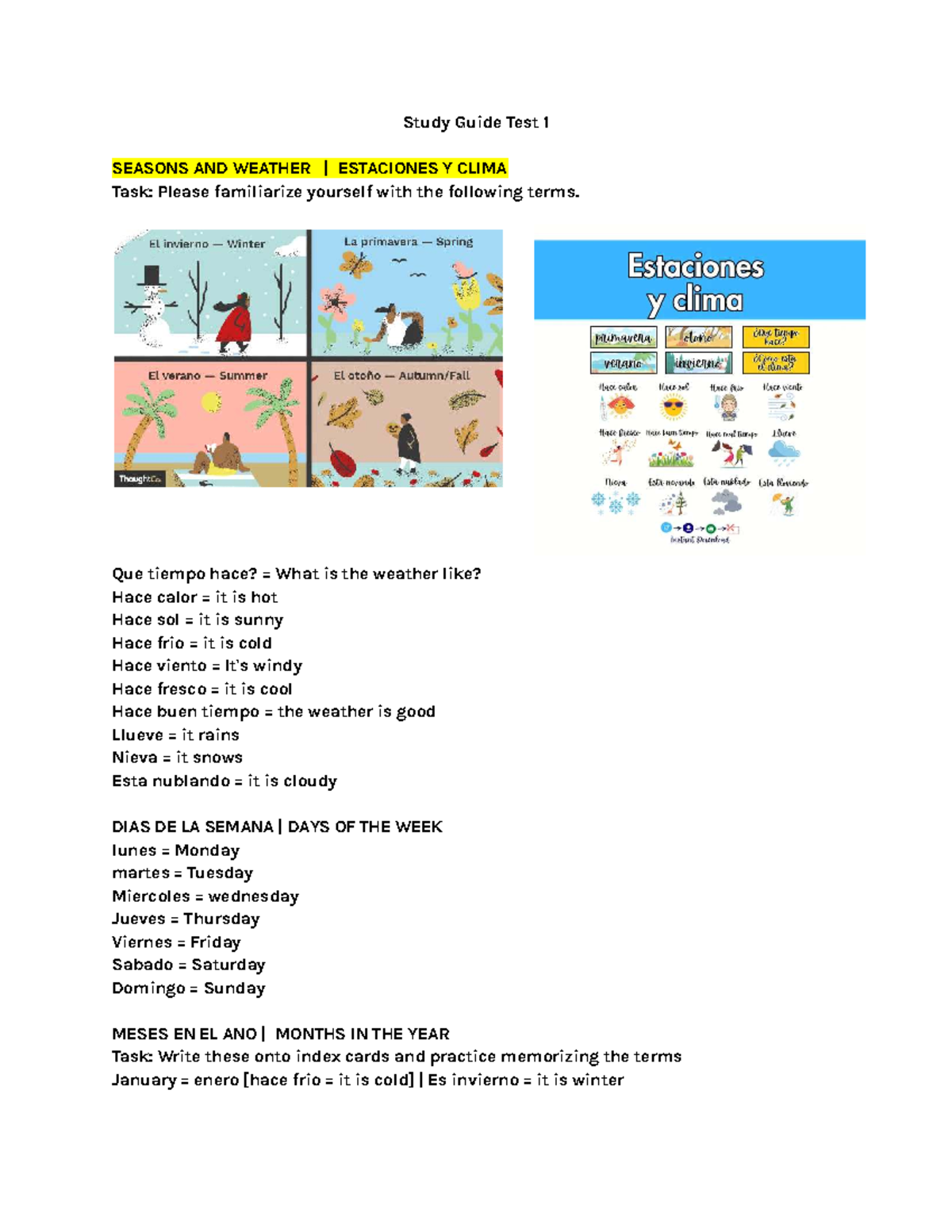 Study Guide Quiz 1: Spanish Basics - Seasons, Weather & Conversation ...