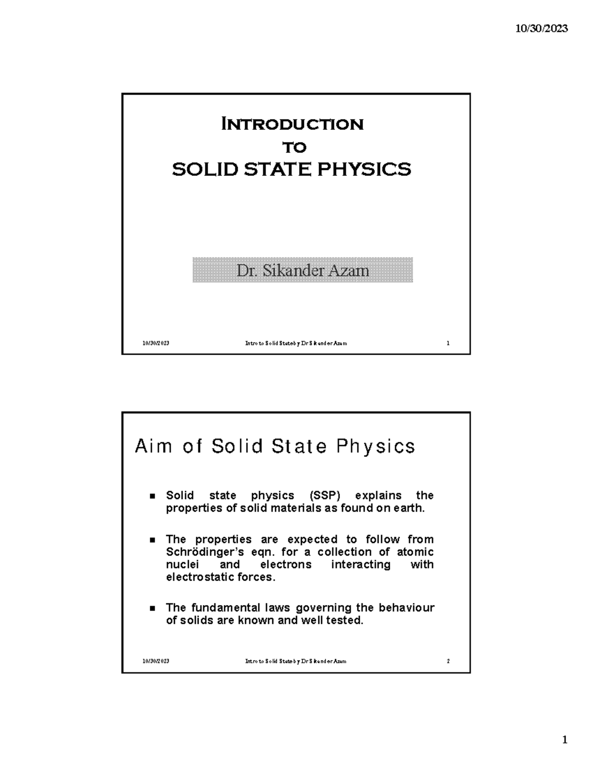 Solid State Physics - Lecture Notes by Dr. Sikander Azam - Studocu