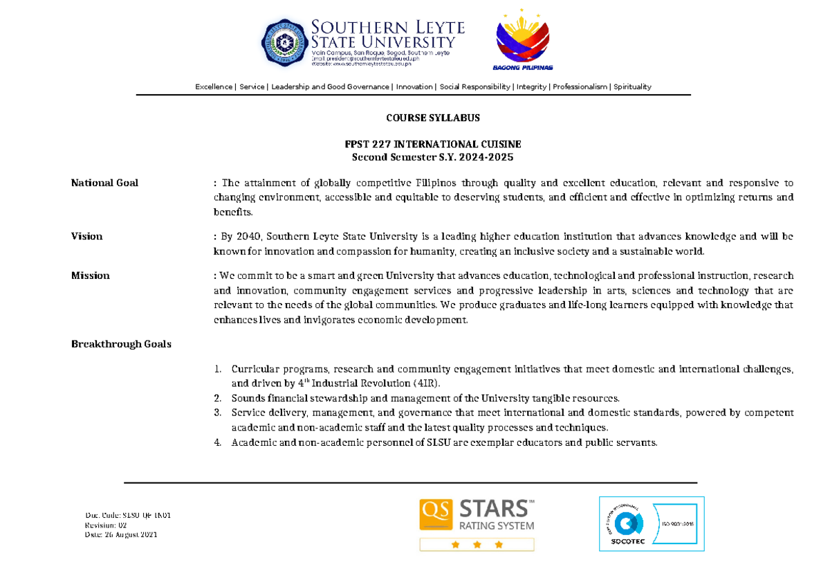 Syllabus 227 final 1 - Sckr - COURSE SYLLABUS FPST 227 INTERNATIONAL ...
