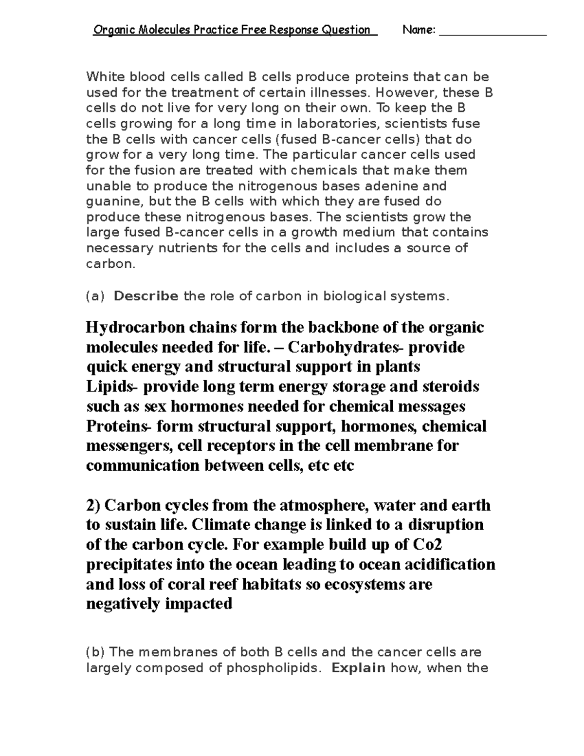 Bio FRQ Unit 1: B Cells and Carbon Cycle in Biological Systems - Studocu
