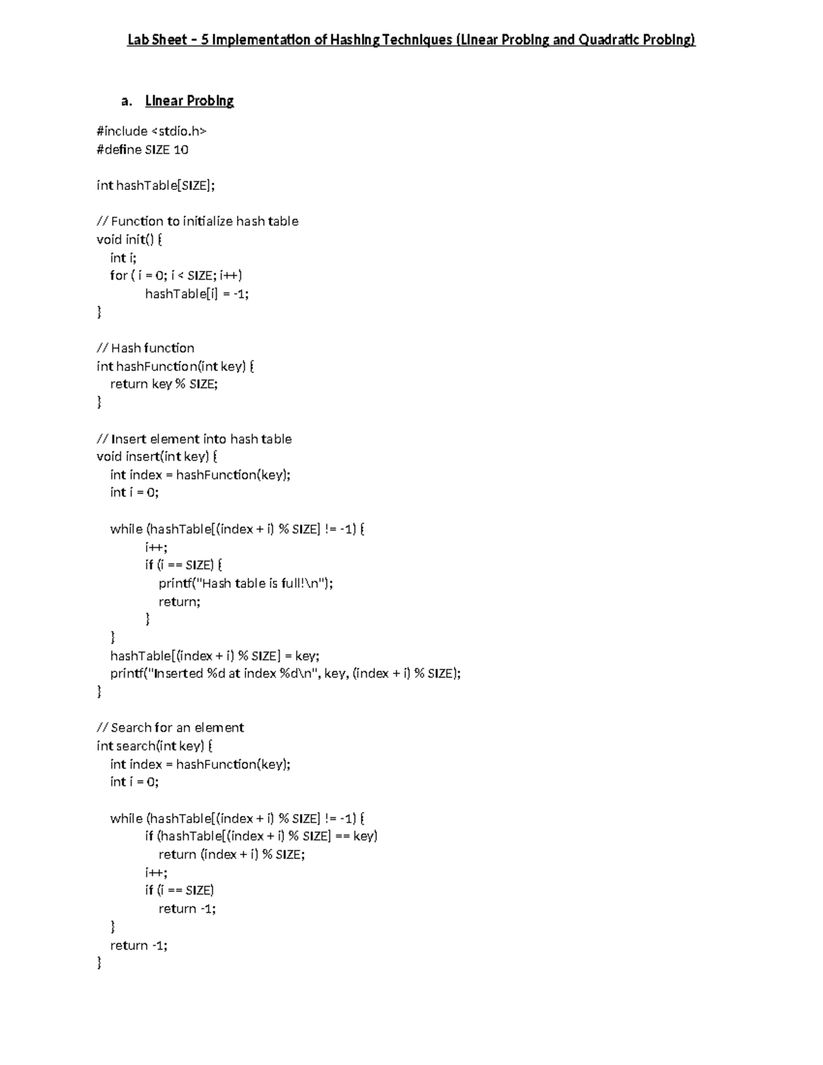 Lab Sheet 5 - Implementation of Hashing Techniques (Linear & Quadratic ...