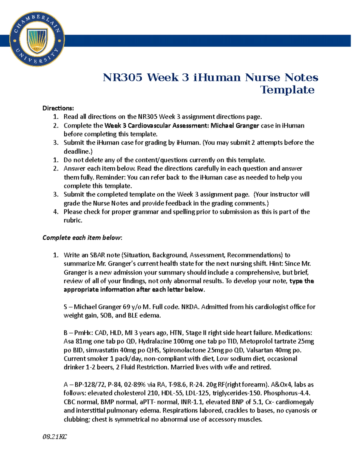NR305 W6 Patient Encounter Worksheet: SBAR for Anna Sink iHuman - Studocu