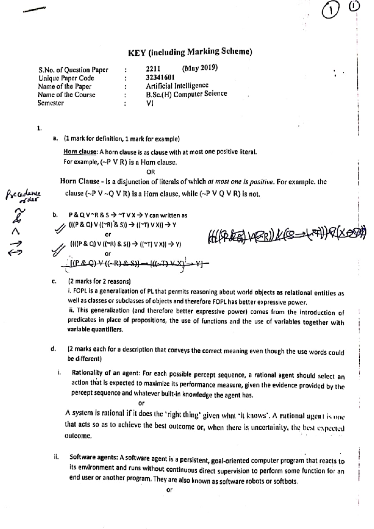 Artificial Intelligence PYQ 2019 Solutions and Explanations - Studocu