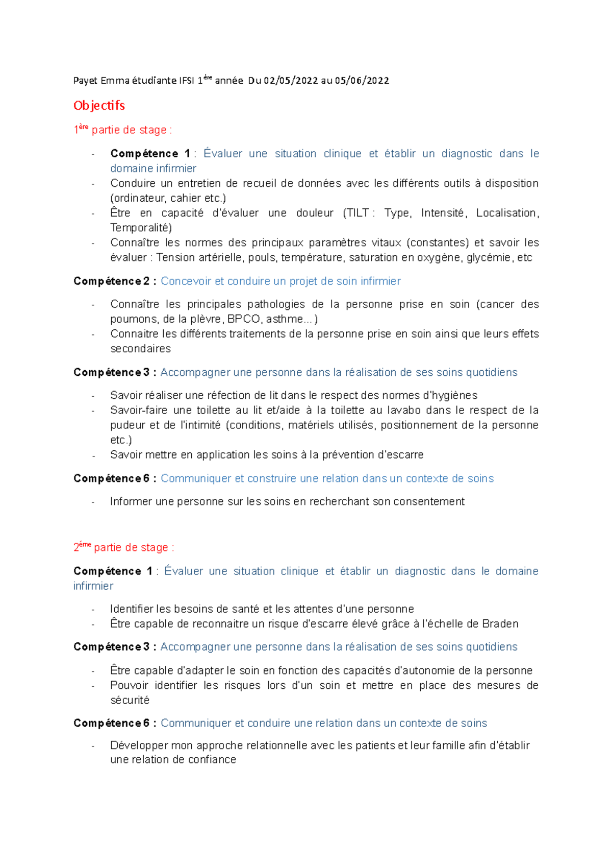 Objectifs de Stage 2 IFSI 1ère Année - Compétences Infirmières - Studocu