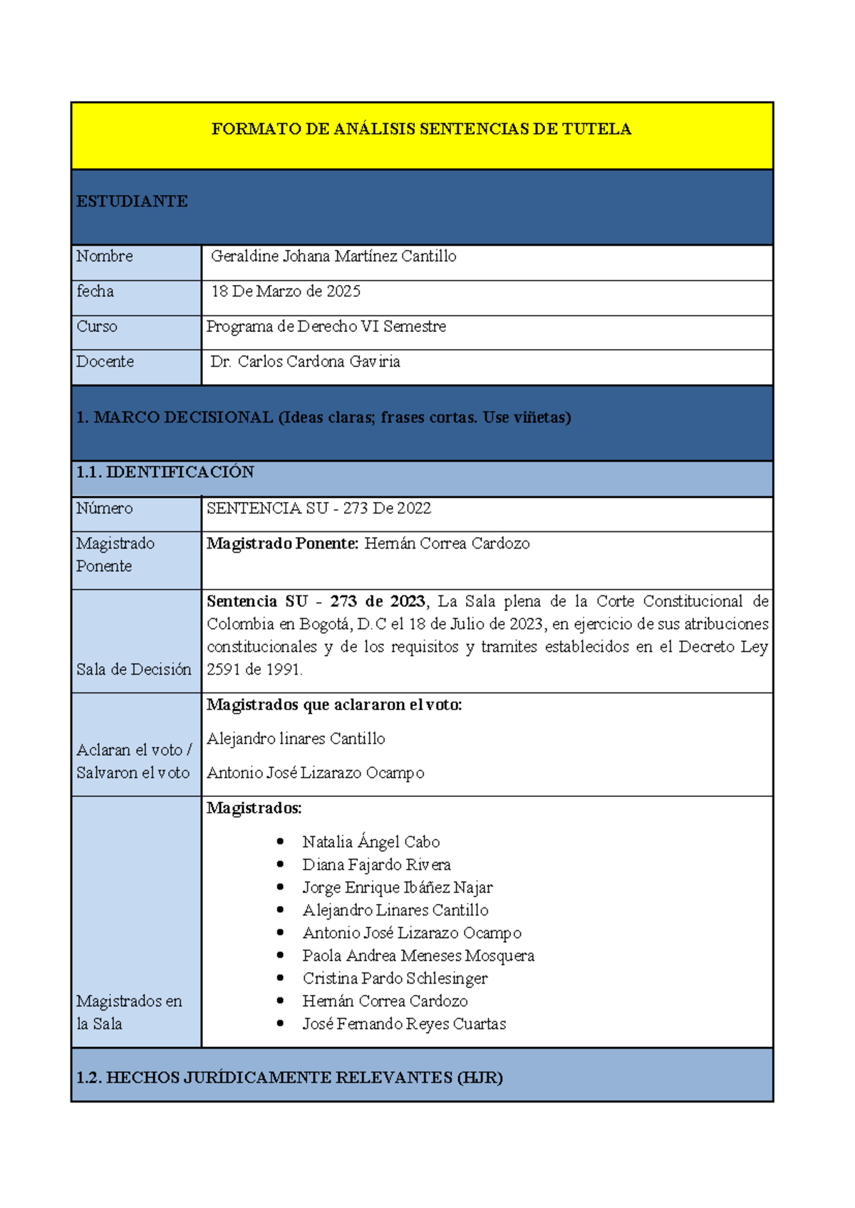 Sentencia SU - 273 DE 2022 - FORMATO DE ANÁLISIS SENTENCIAS DE TUTELA ...