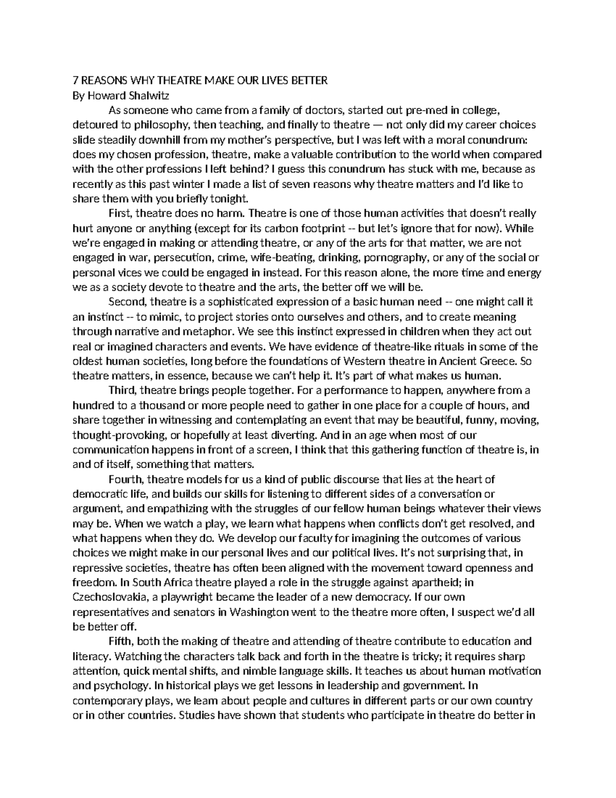 7 Reasons Theatre Enhances Our Lives by Howard Shalwitz - Studocu