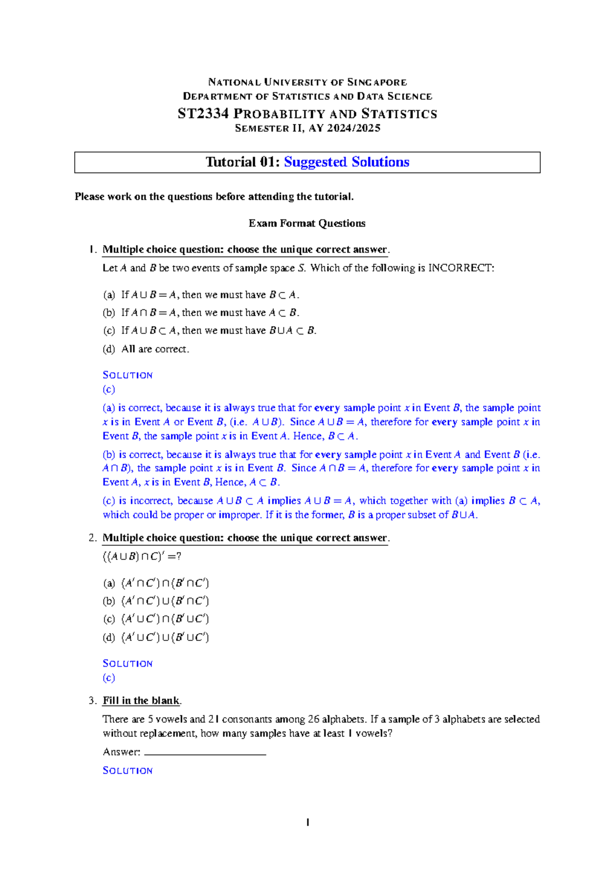 Tutorial 1 - Solution - NATIONAL UNIVERSITY OF SINGAPORE DEPARTMENT OF ...
