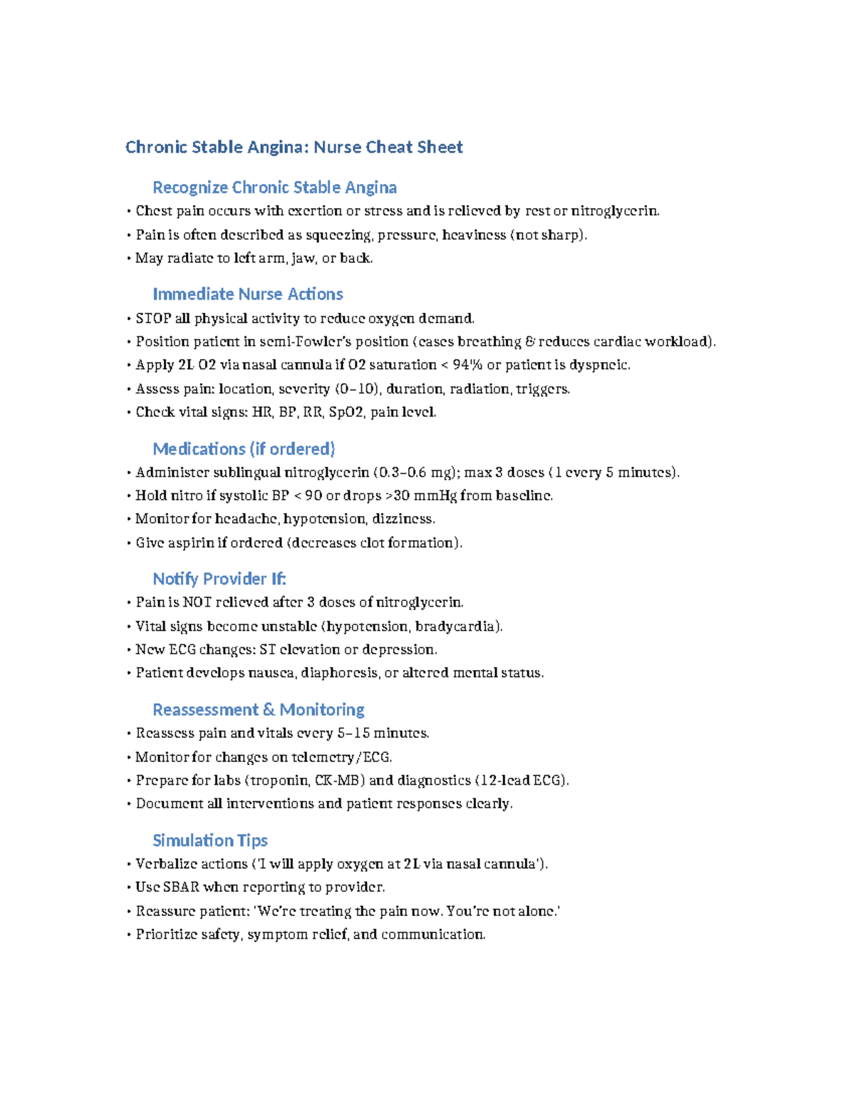 Chronic Stable Angina: Nurse Cheat Sheet for Patient Care - Studocu