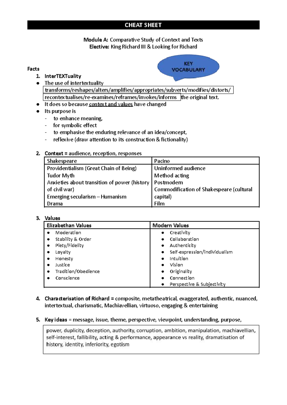 CHEAT SHEET: Module A - Comparative Study of King Richard & Texts - Studocu