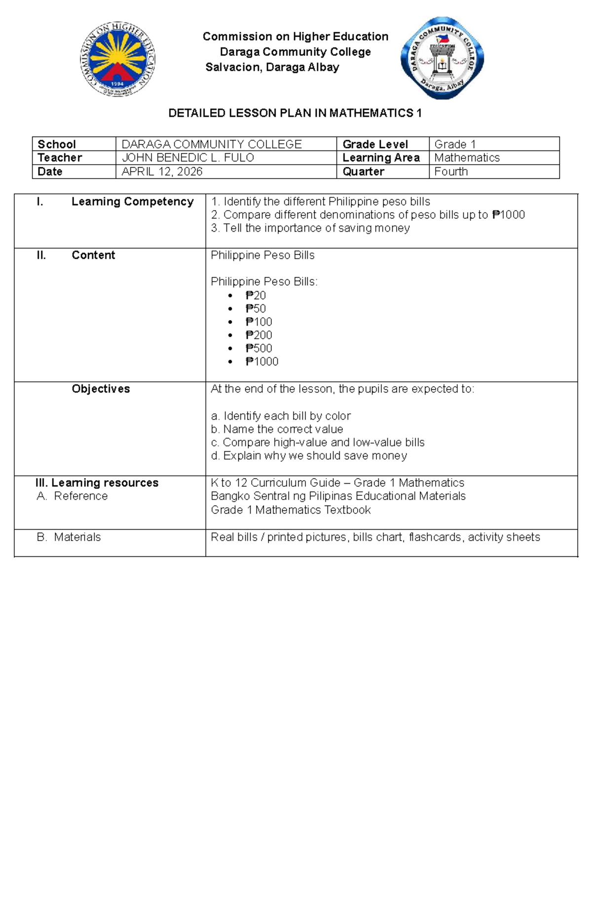Detailed Lesson Plan in Mathematics 1: Understanding Philippine Peso ...