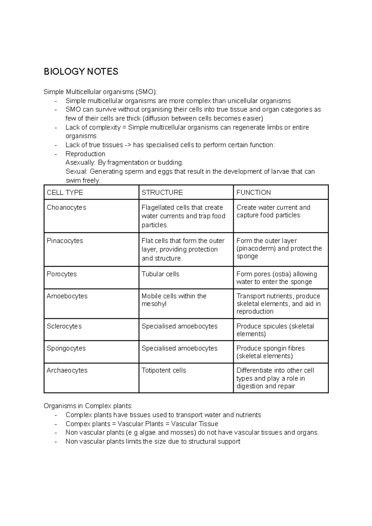 BIOLOGY NOTES: Simple Multicellular Organisms (SMO) Overview - Studocu