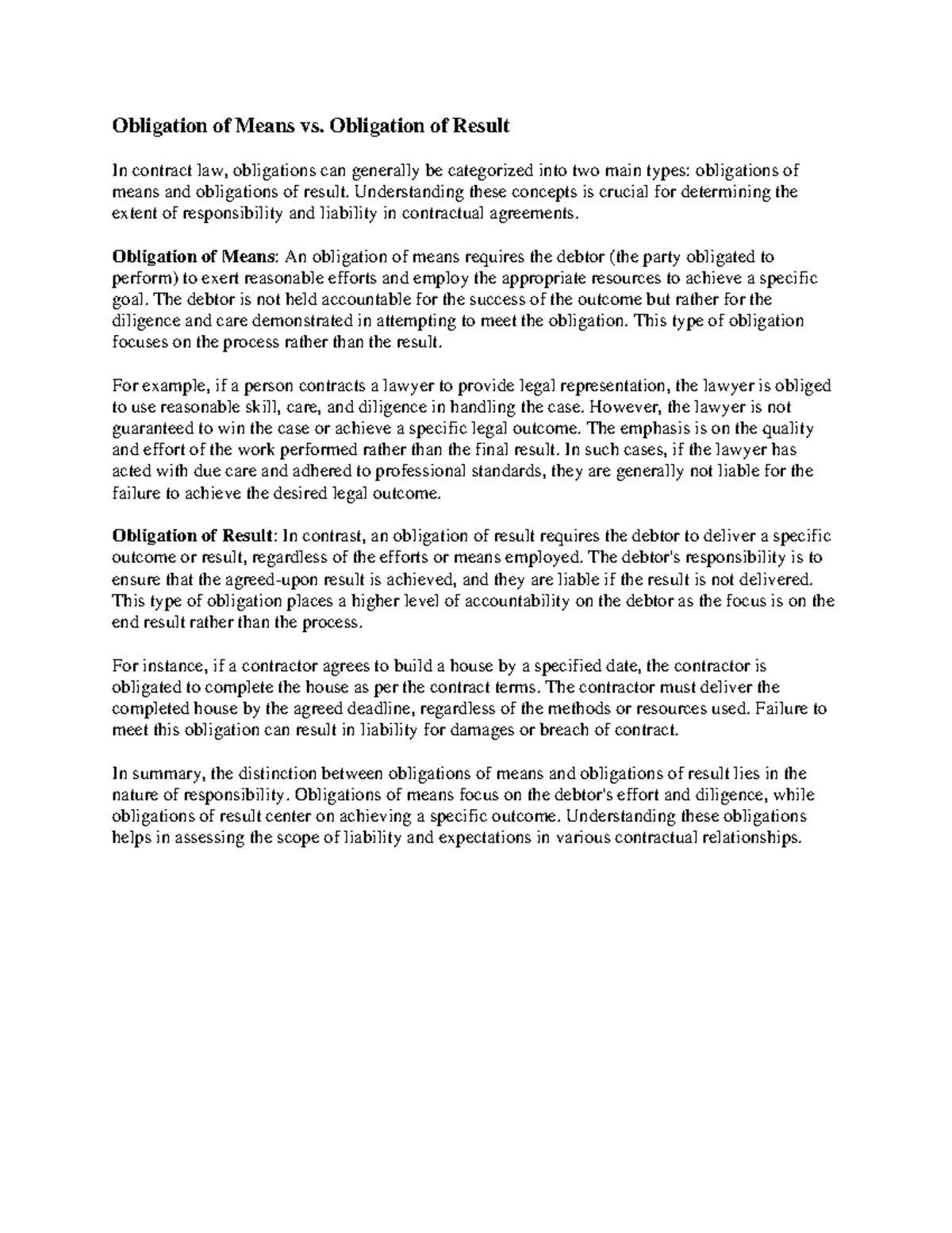 Obligation of Means vs. Obligation of Result: A Legal Analysis - Studocu