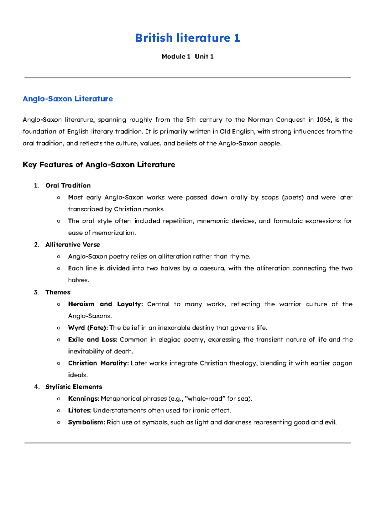 Britis~1 - British literature 1 Module 1 Unit 1 - Anglo-Saxon ...