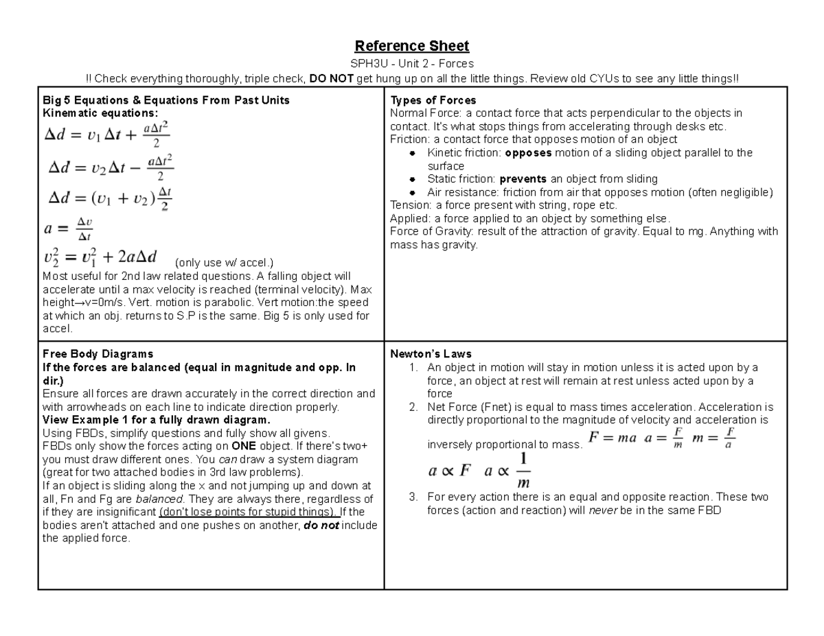 SPH3U - Summary Sheet for Newton's Laws & Forces - Grade 11 - Studocu
