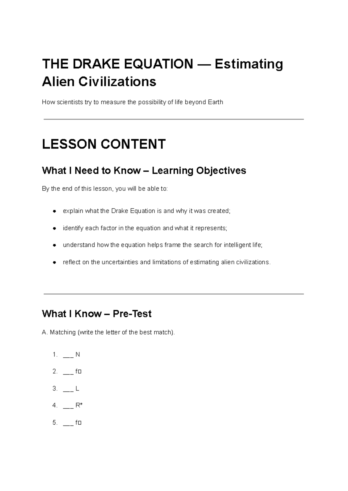 A3 - The Drake Equation: Estimating Alien Civilizations Lesson - Studocu