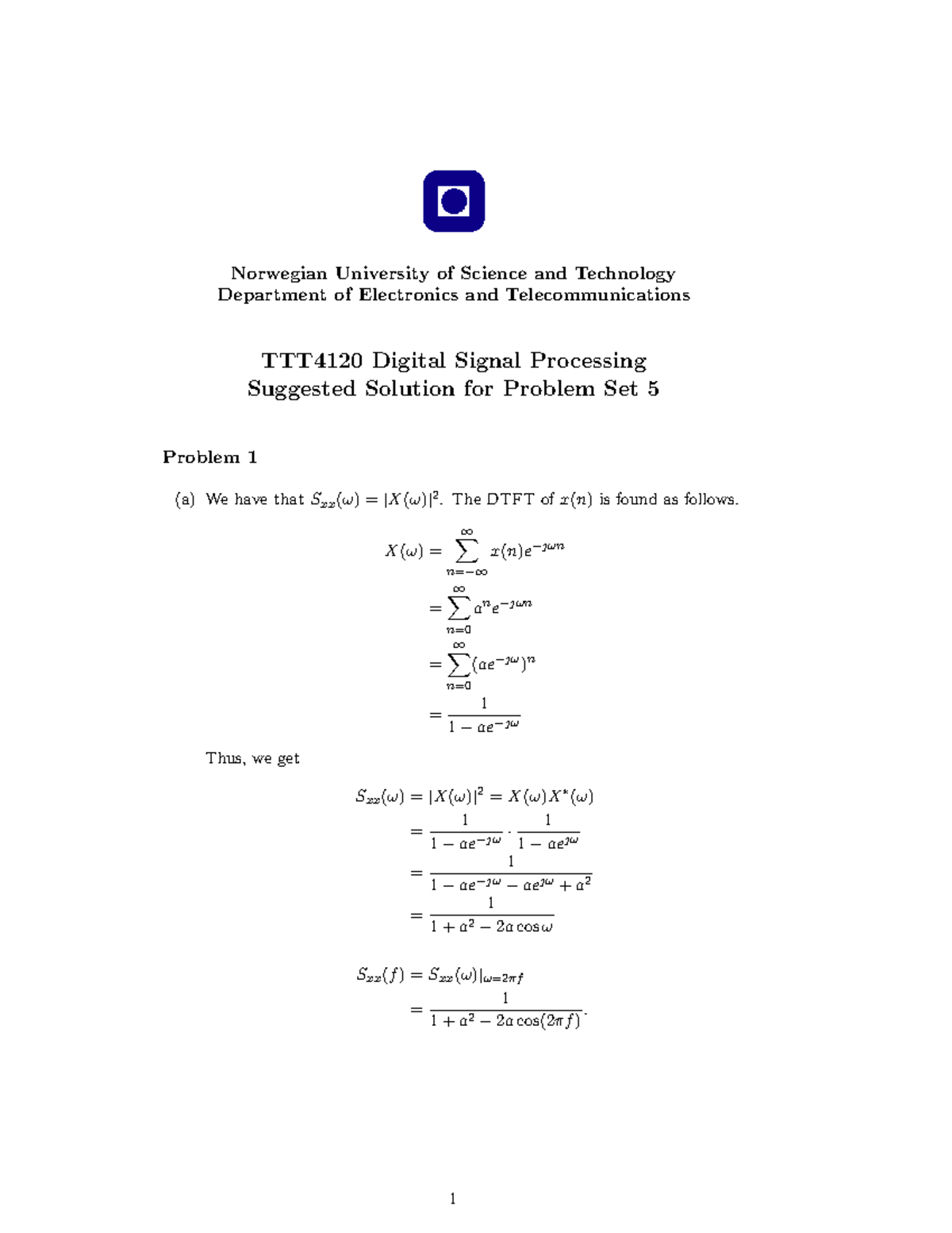 Solution 5 - Suggested Solutions for Problem Set 5 in Digital Signal Processing - Studocu